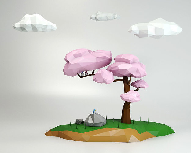 3D model Tree low poly cherry on island with clouds VR / AR / low-poly | CGTrader
