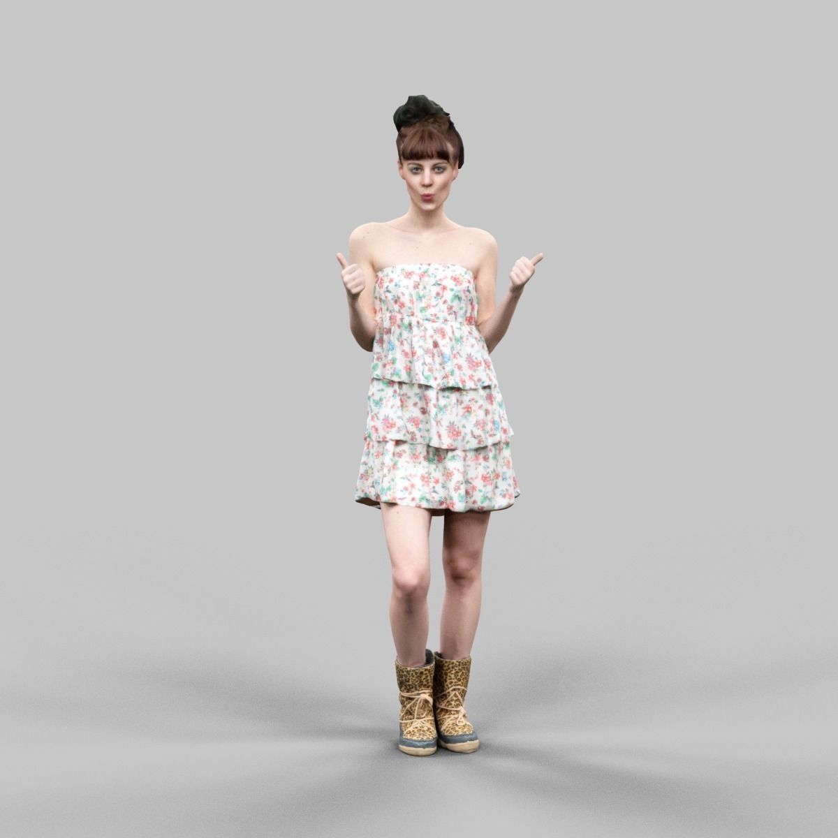 3D model Thumbs Up Girl in Flower pattern dress VR / AR / low-poly ...