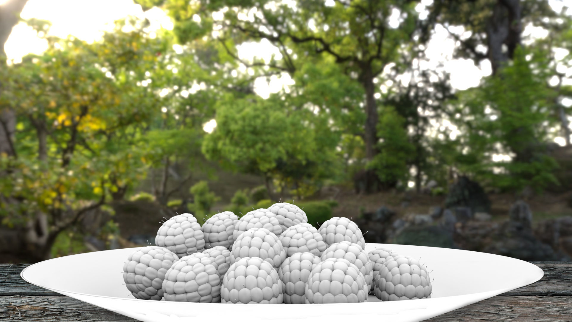 Raspberry plate of raspberries on wooden table 3D model | CGTrader