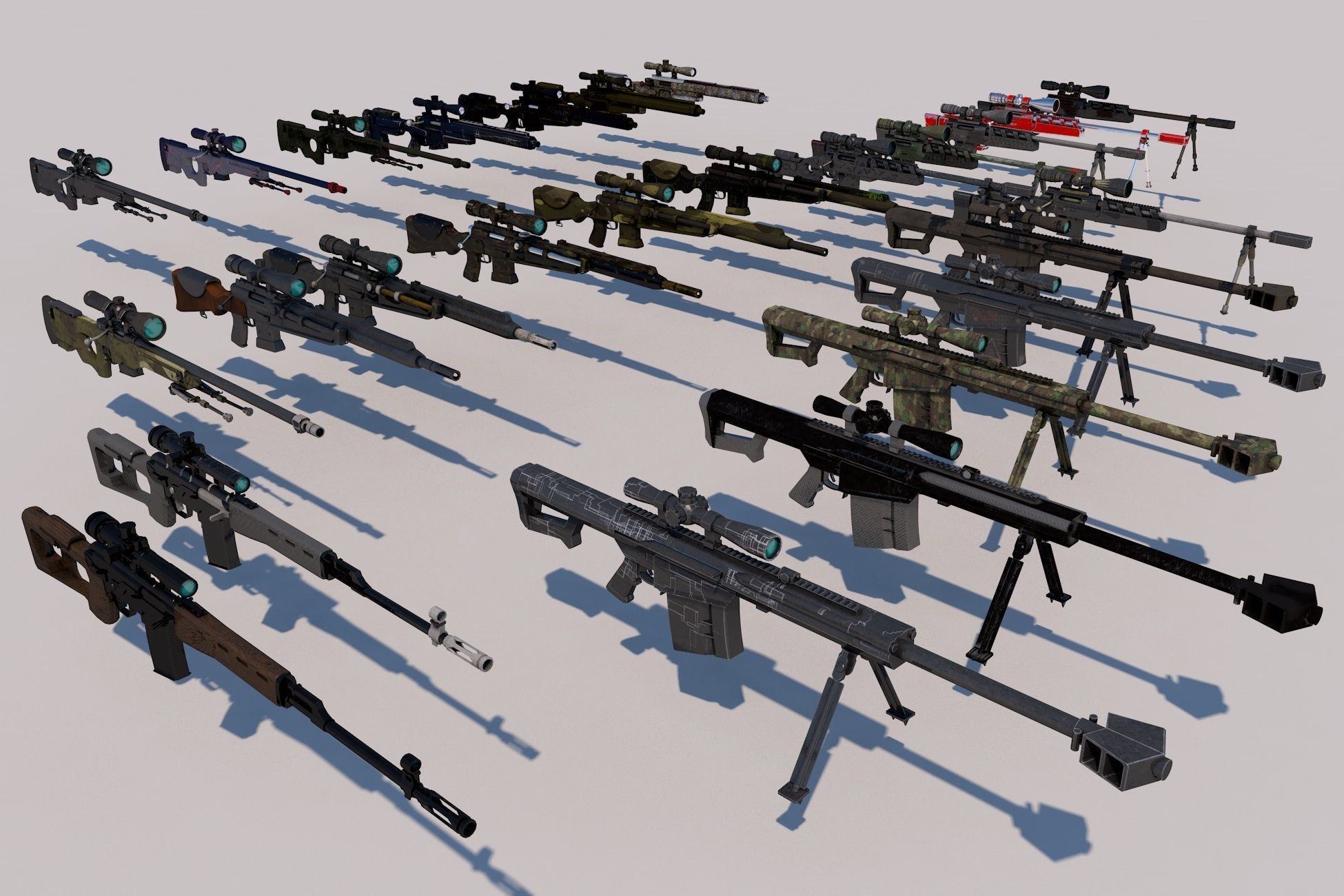 3D model Pack Of 26 low poly PBR realistic Sniper Rifle weapons VR / AR ...