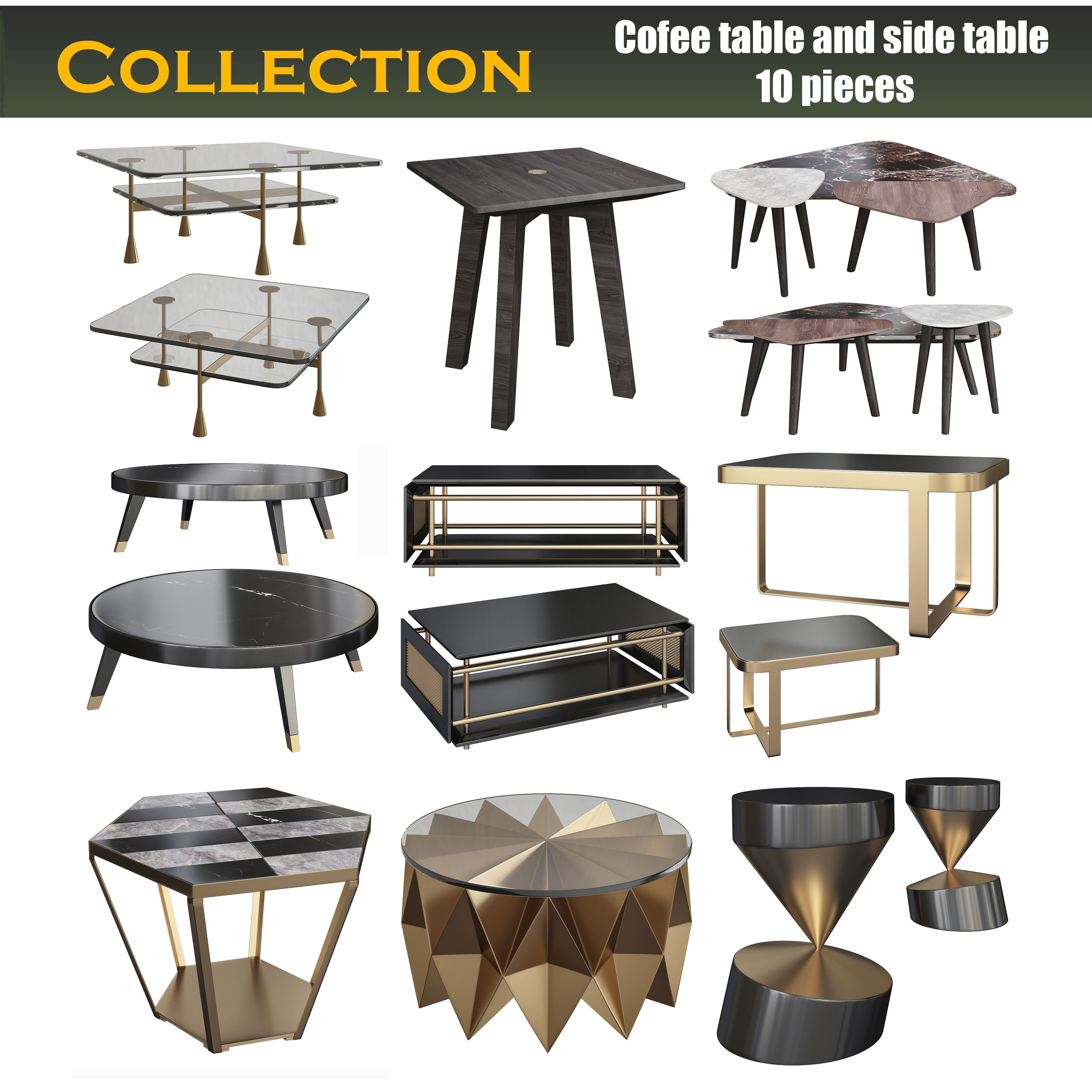 Cofee table and side table 3d models collection 10 pieces VR / AR / low ...
