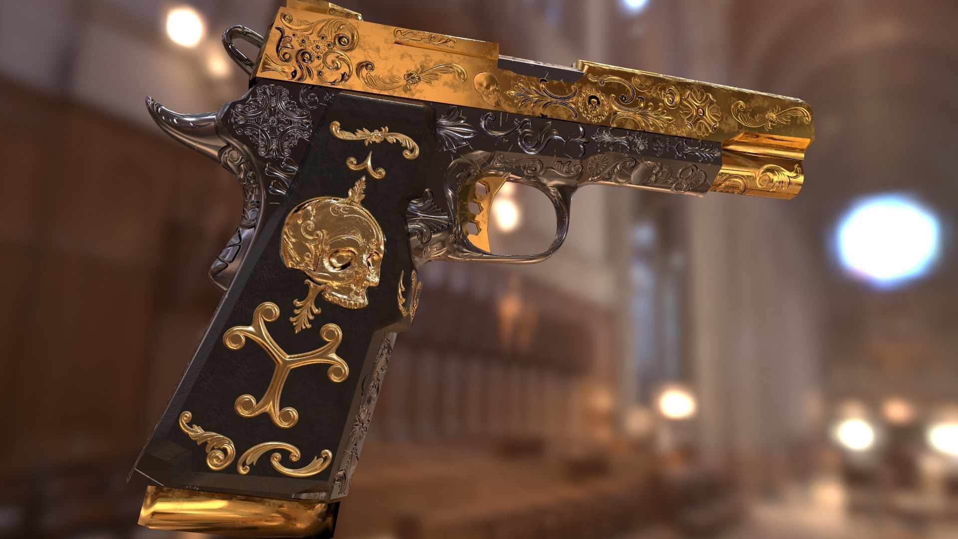 3D model Pistol Gun Engraved Low-poly 3D model PBR glFT VR / AR / low ...