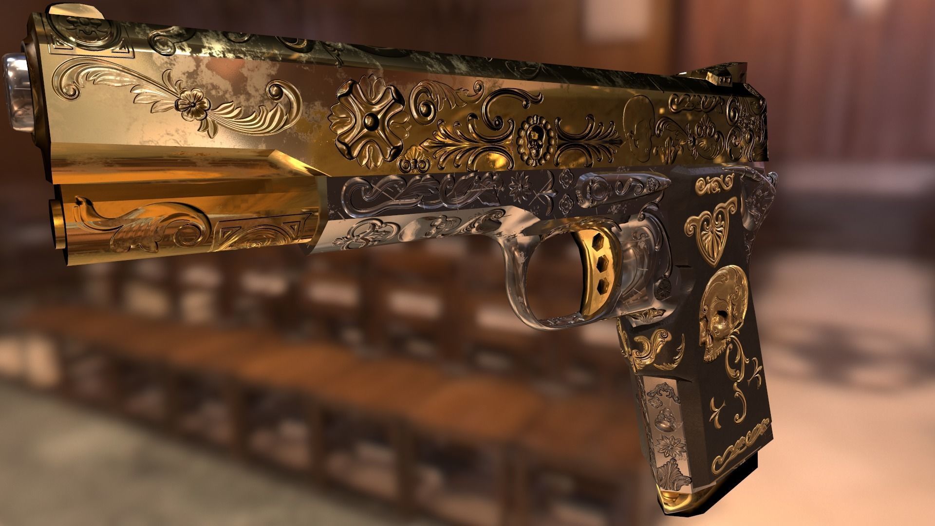 3D model Pistol Gun Engraved Low-poly 3D model PBR glFT VR / AR / low ...