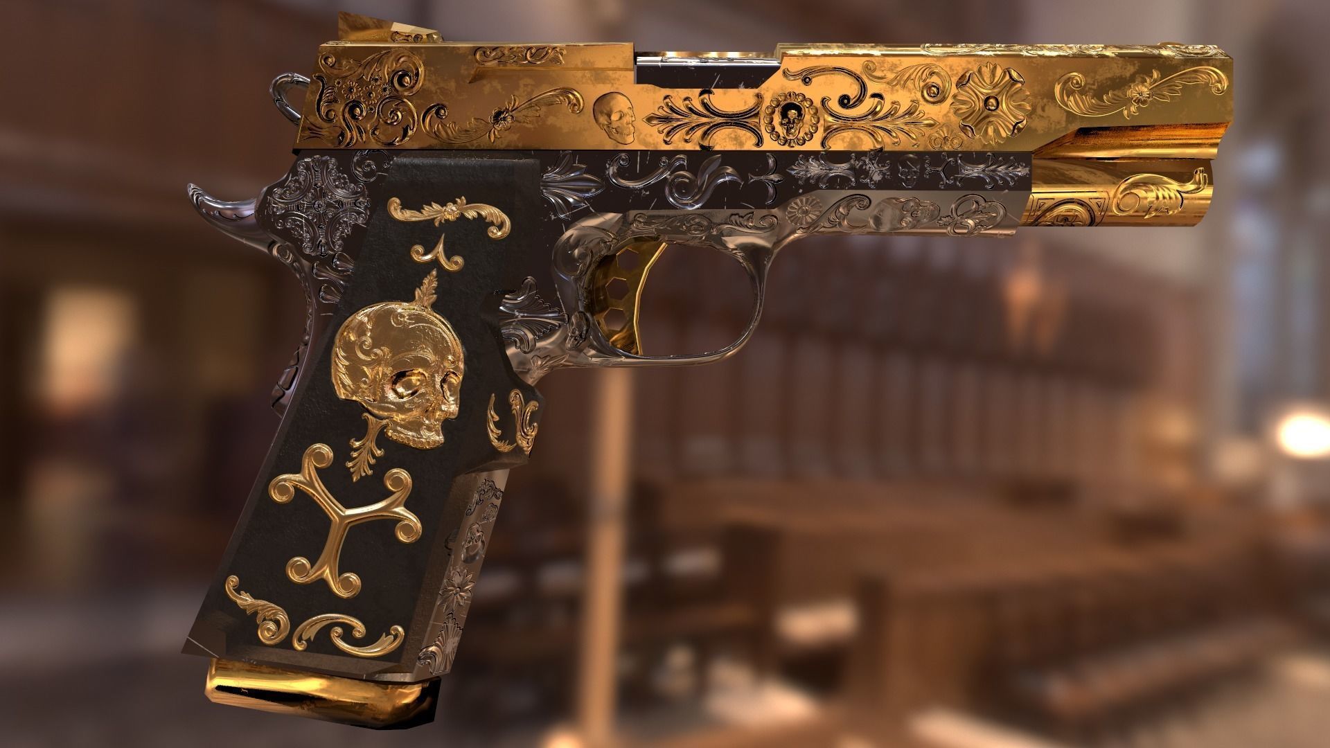 3D model Pistol Gun Engraved Low-poly 3D model PBR glFT VR / AR / low ...