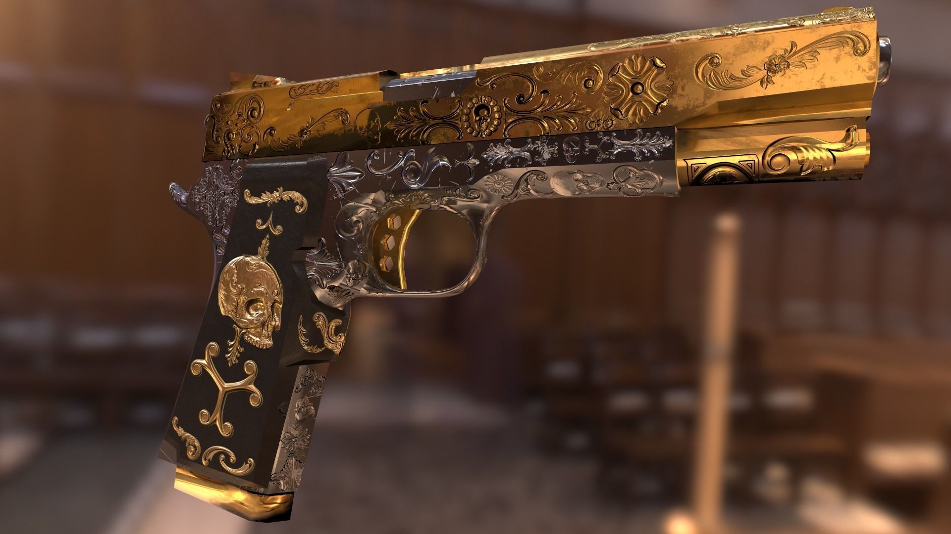 3D model Pistol Gun Engraved Low-poly 3D model PBR glFT VR / AR / low ...