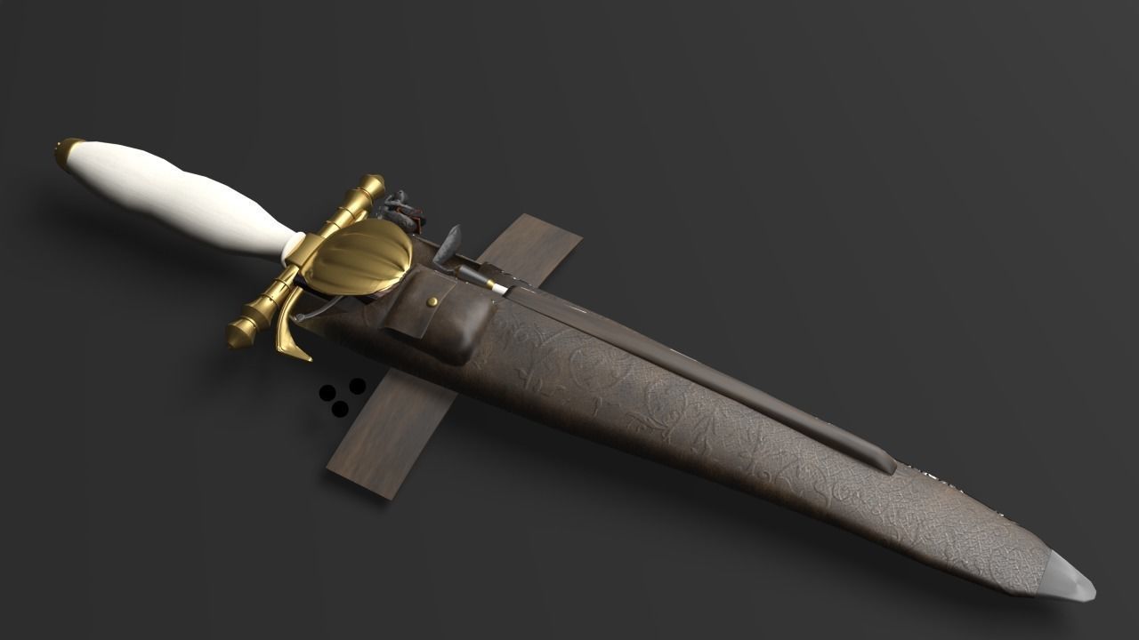 Clam Shell Cross Guard FlintLock Dagger and Sheath 3D model | CGTrader