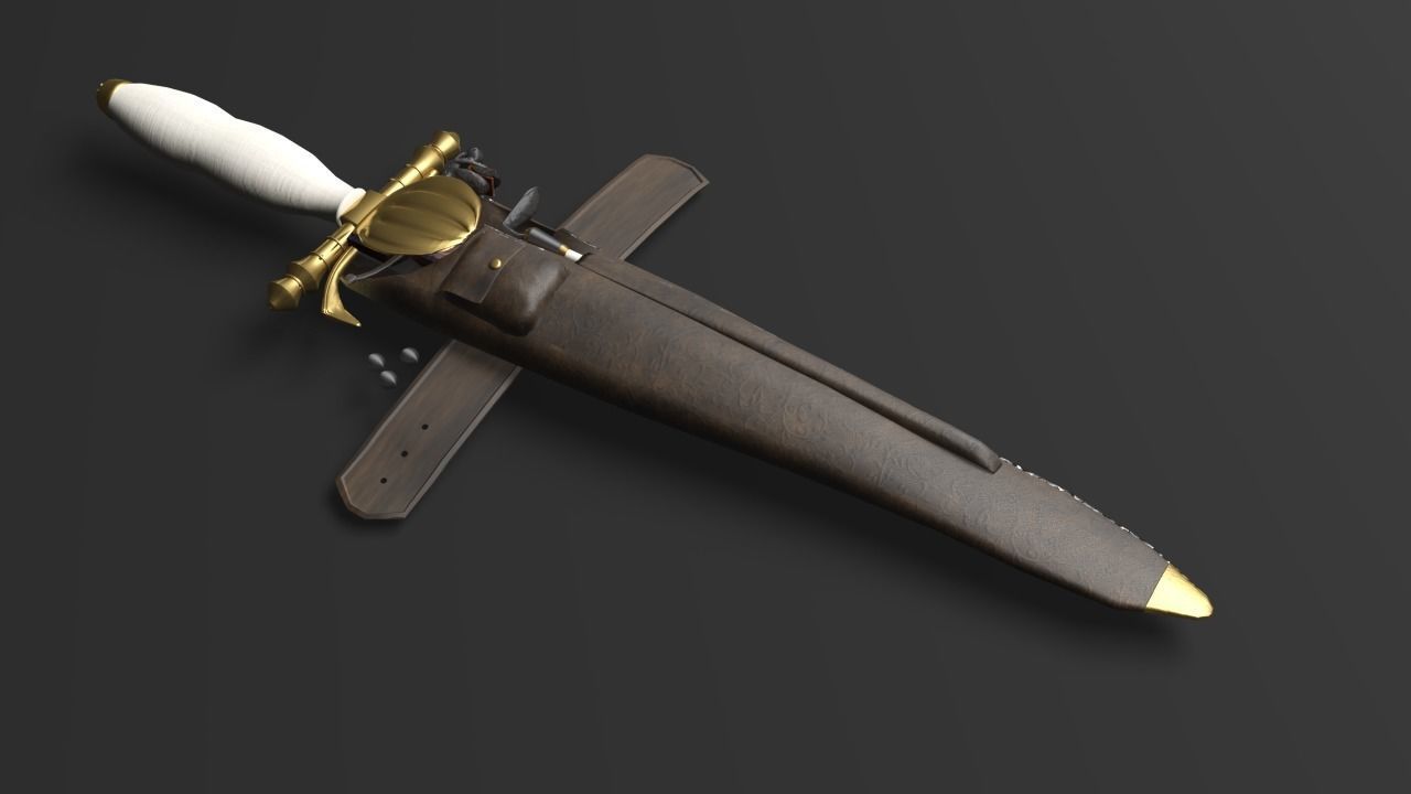 Clam Shell Cross Guard FlintLock Dagger and Sheath 3D model | CGTrader