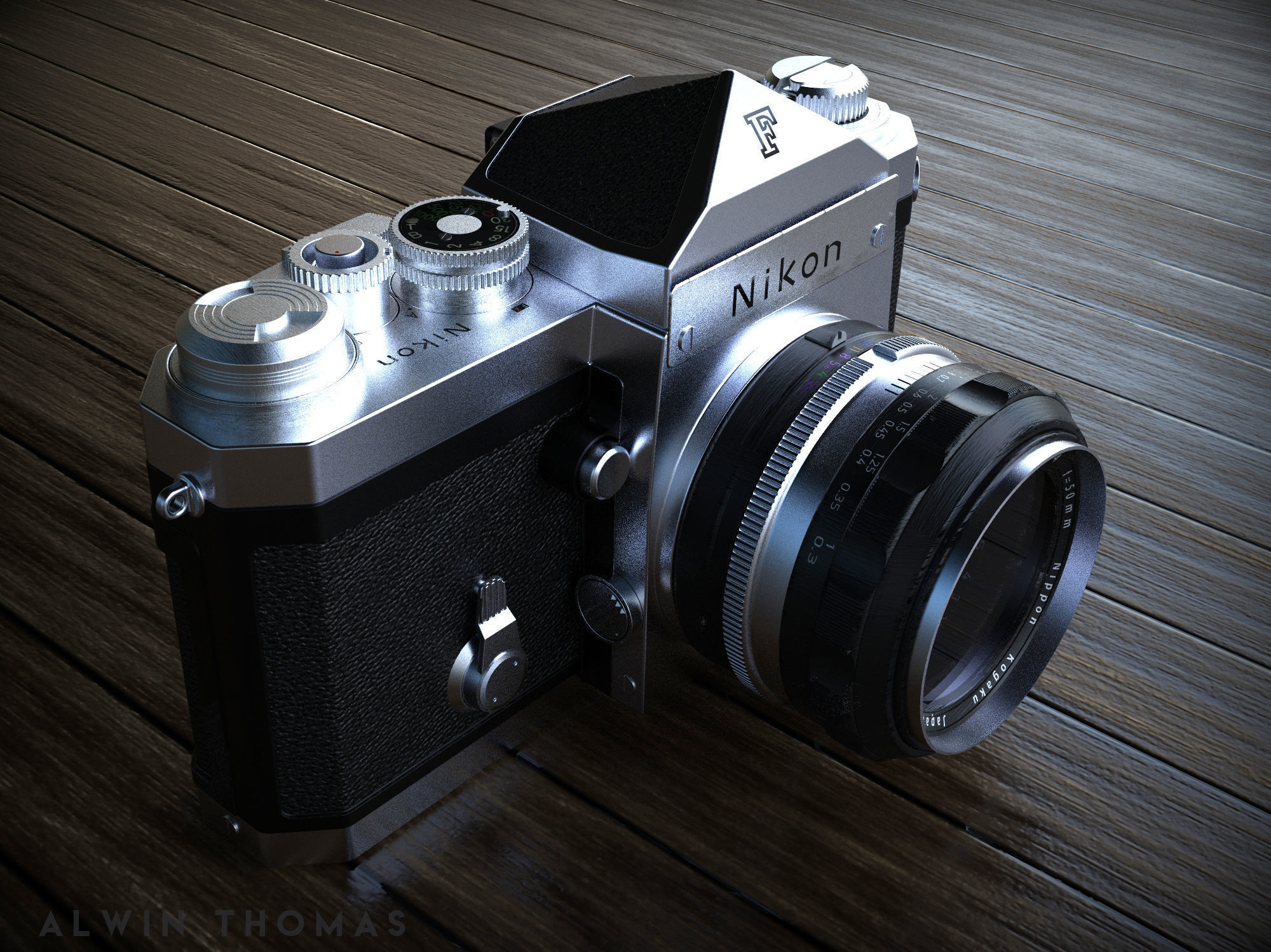 NIKON F camera on wooden table 3D model | CGTrader