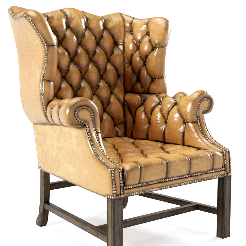 Vintage English Leather Tufted Wingback Library Chair 3D model | CGTrader
