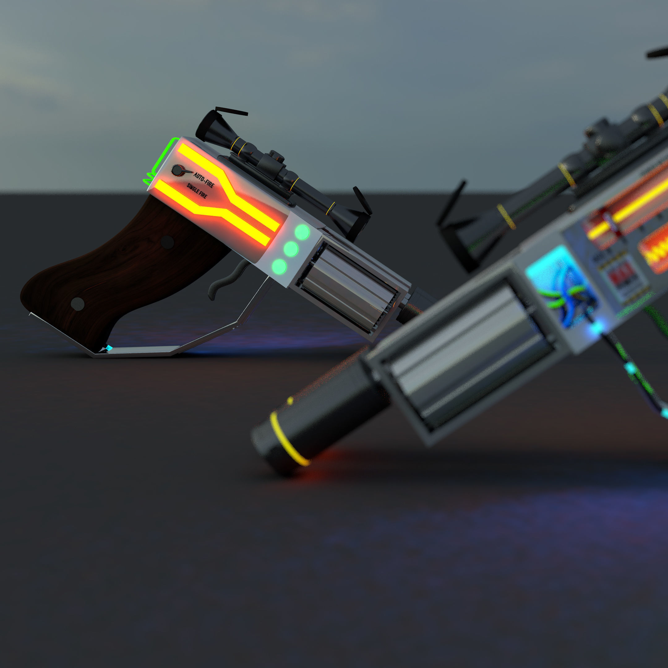 3D model sci-fi futuristic double barrel revolver gun VR / AR / low ...