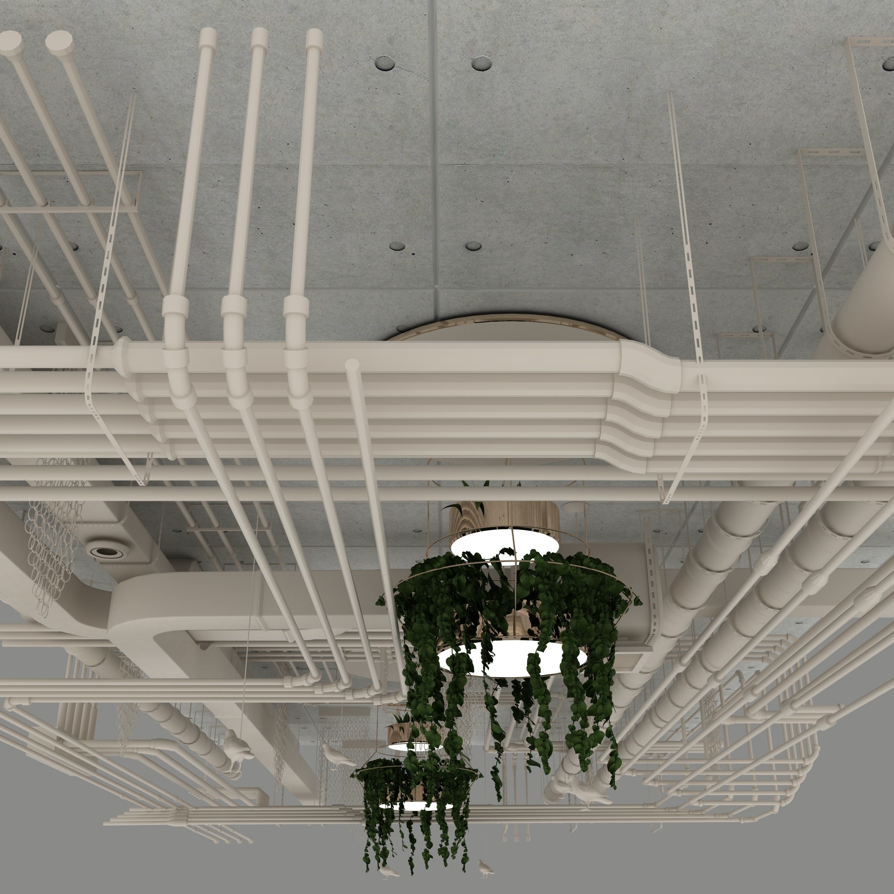 Pipes industrial ceiling with plants chandelier 3D model | CGTrader