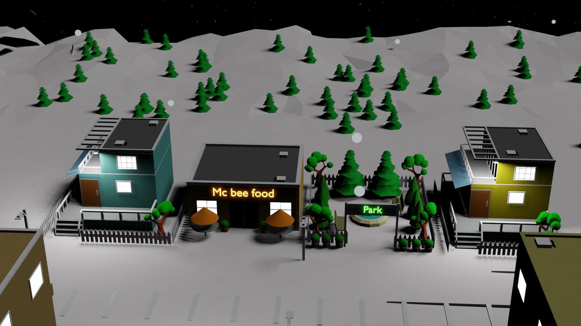 3D model low poly environment city at night with buildings and trees VR ...