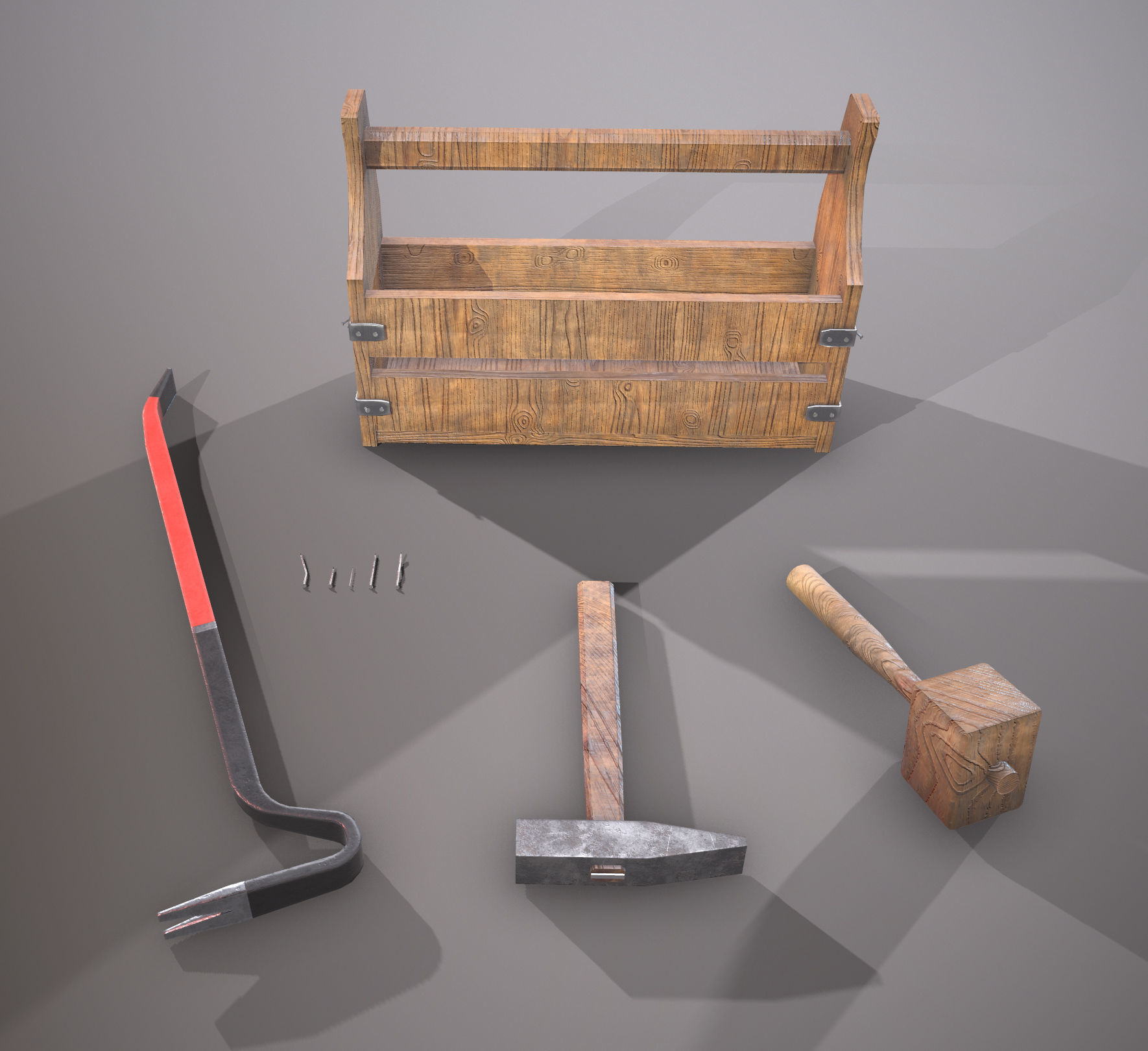 3D model Wooden toolbox and tools VR / AR / low-poly | CGTrader