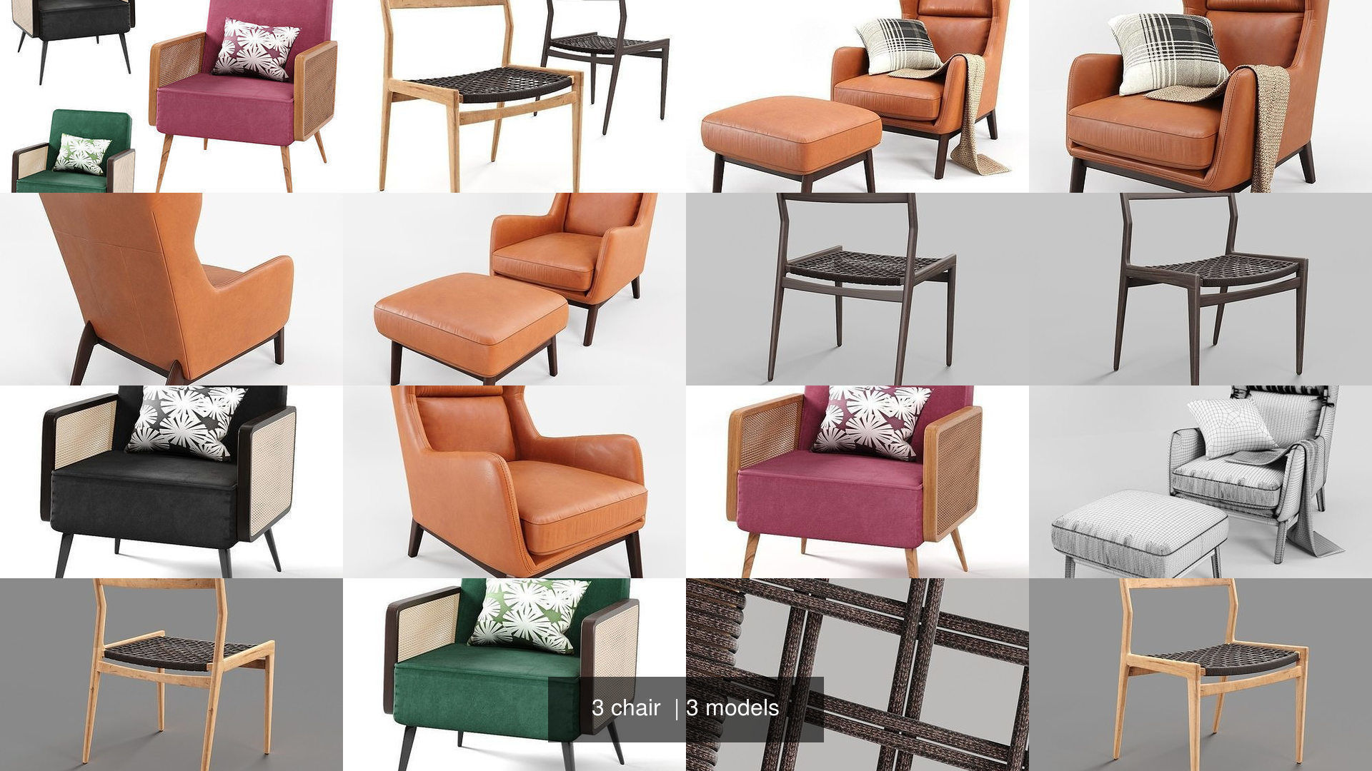 3 chair lounge and ottoman in tan leather 3D Model Collection | CGTrader