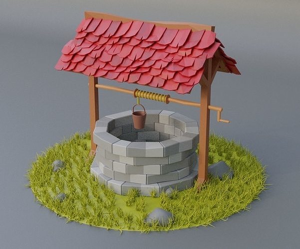 3D model low poly well 3D model water with roof VR / AR / low-poly ...