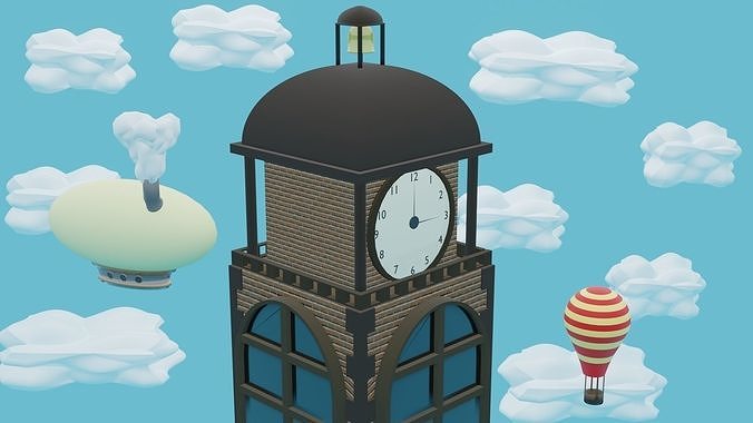 Clocktower clock tower with balloons in sky 3D model | CGTrader