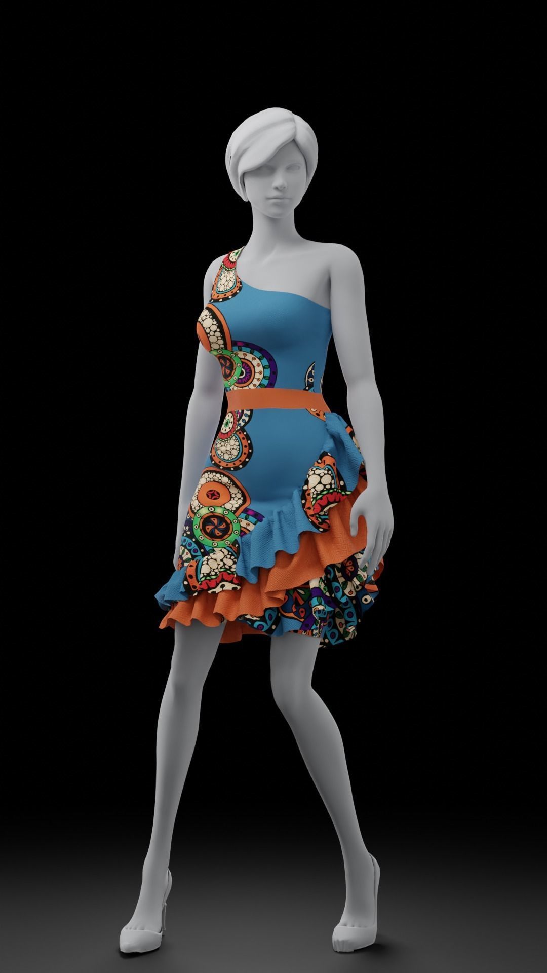 Fancy blue dress with colorful pattern 3D model | CGTrader