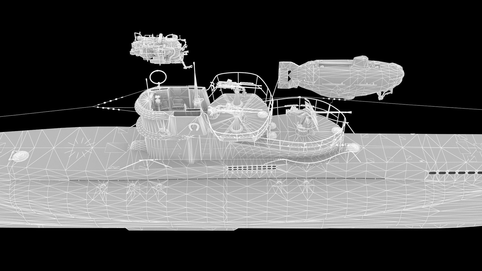 3D model Classic Submarine with Cockpit Detail and 2 UUV VR / AR / low ...
