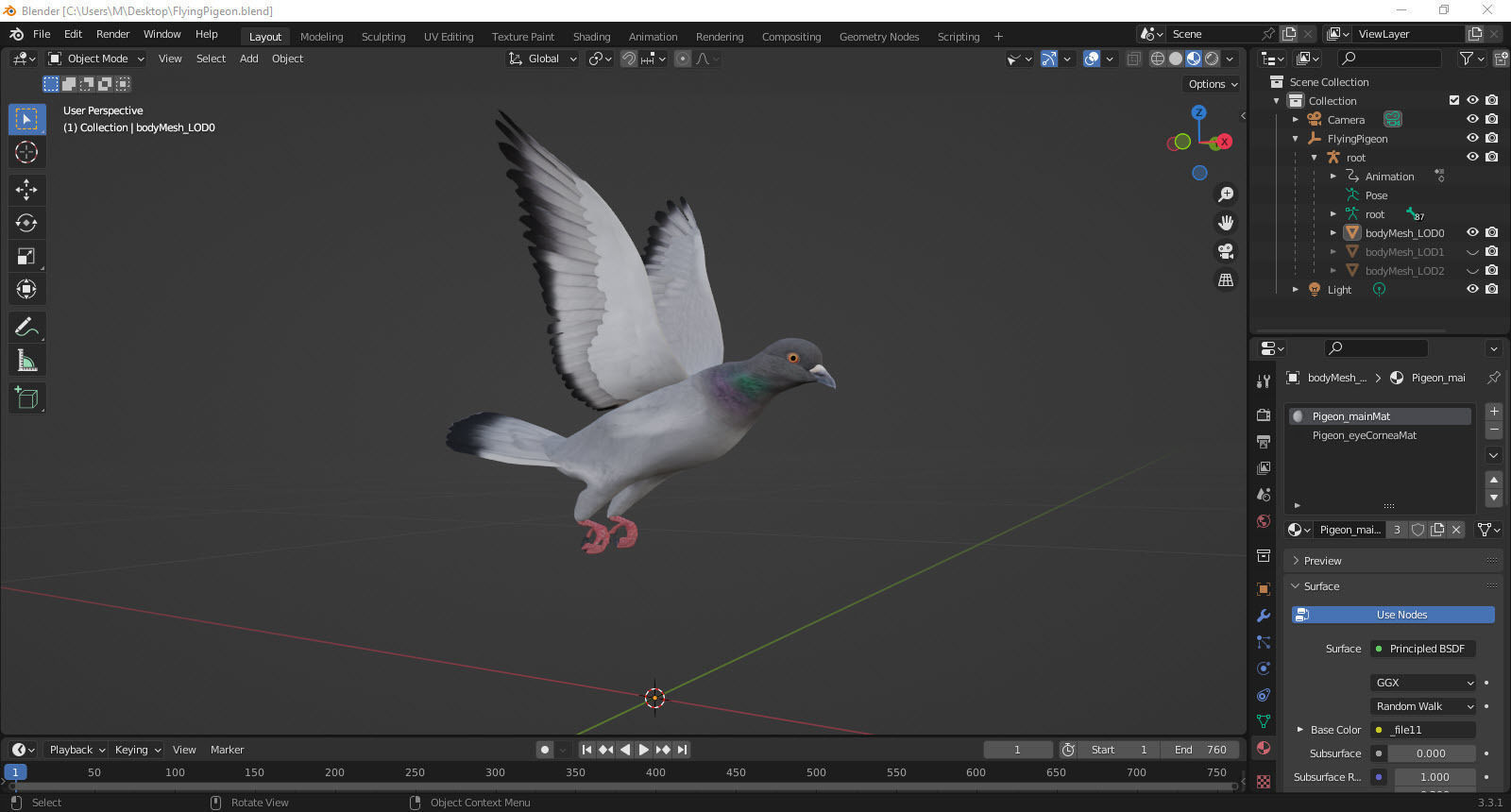 3D model Realistic flying Pigeon - LOOP FLIGHT animations VR / AR / low ...