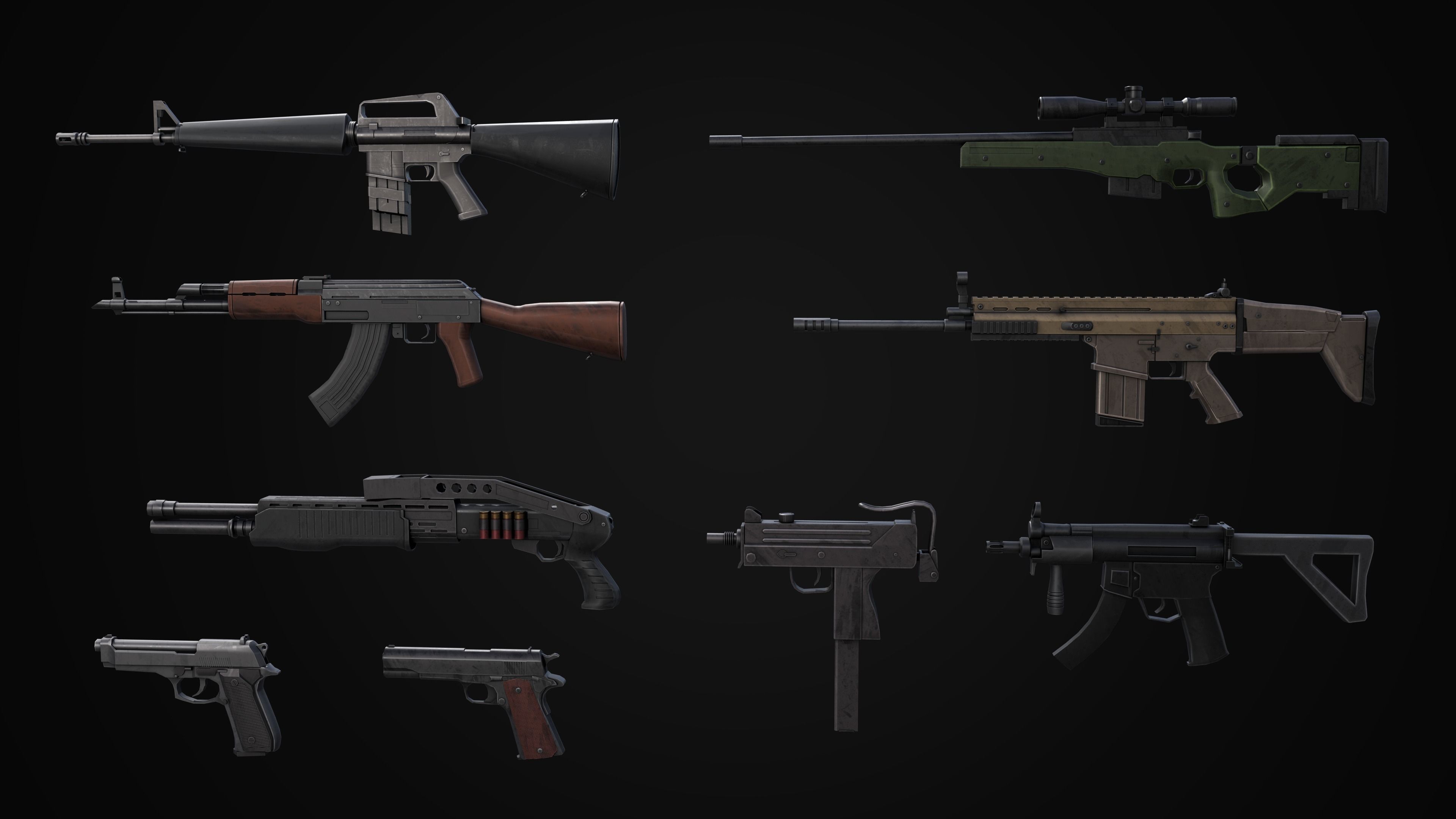 3D model Guns collection and other weapons in box VR / AR / low-poly ...