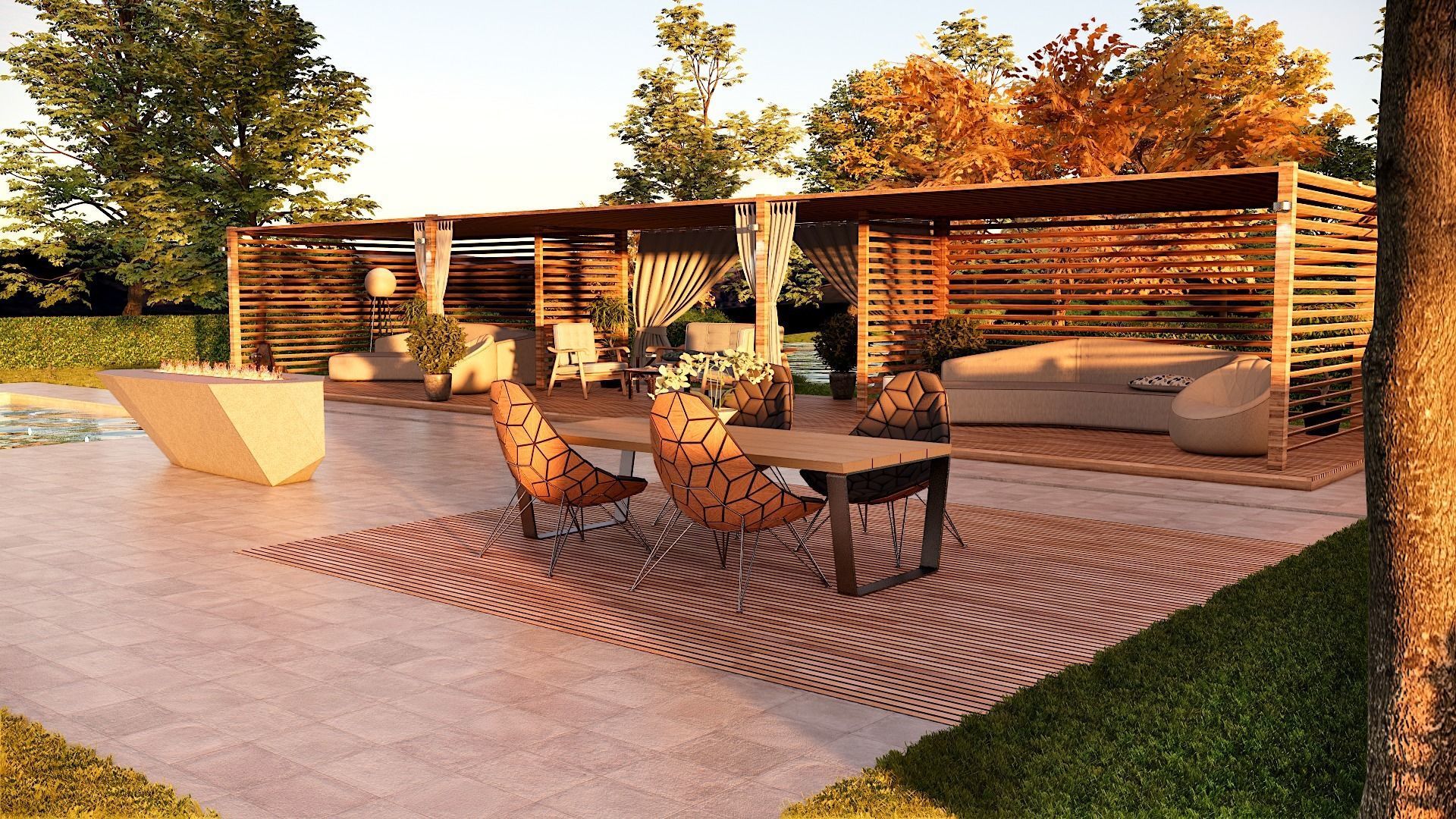 3D model Modern pool lounge with firepit 3d model VR / AR / low-poly ...