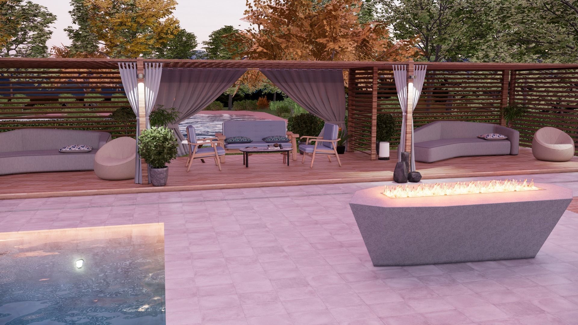 3D model Modern pool lounge with firepit 3d model VR / AR / low-poly ...