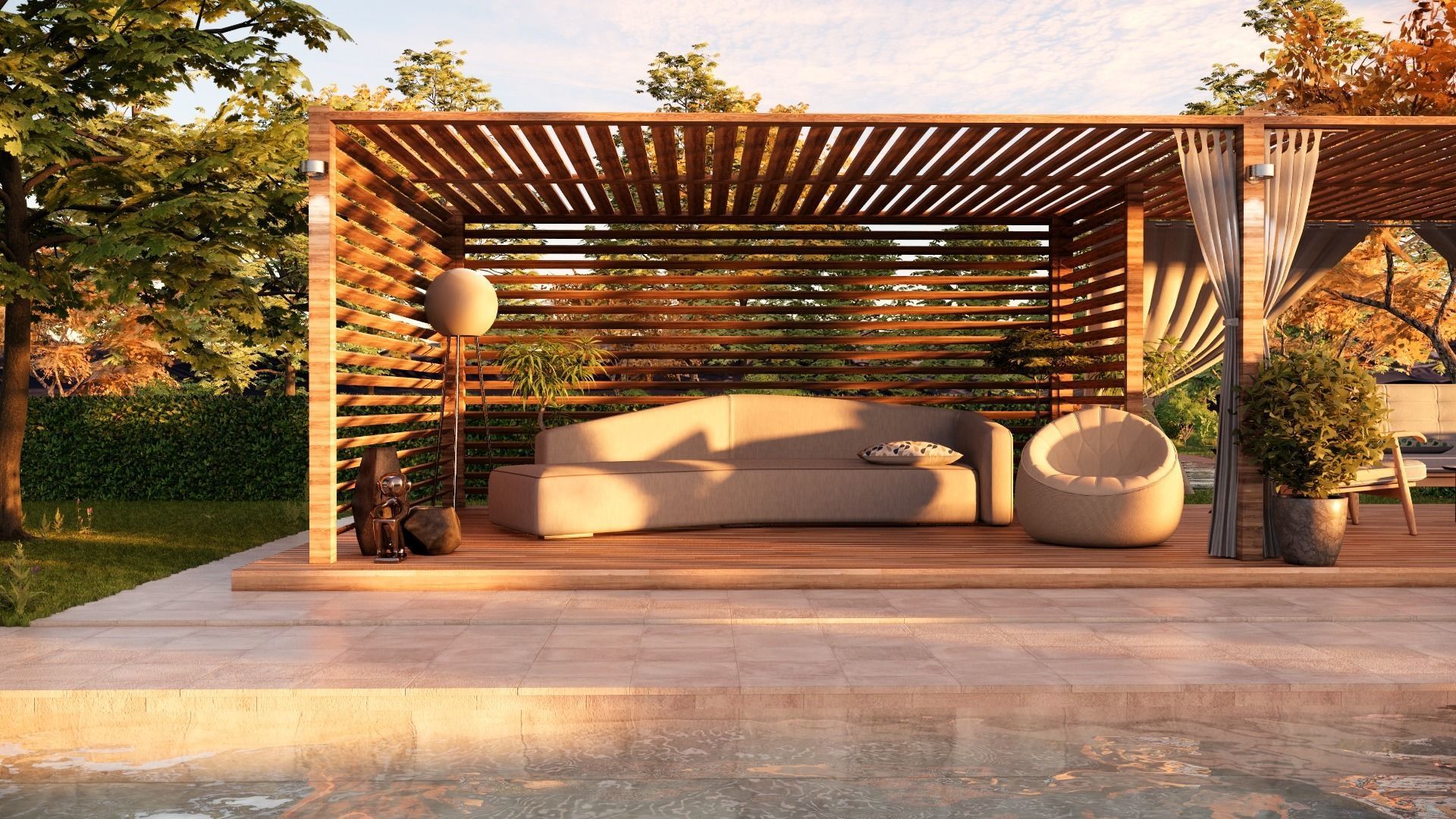 3D model Modern pool lounge with firepit 3d model VR / AR / low-poly ...