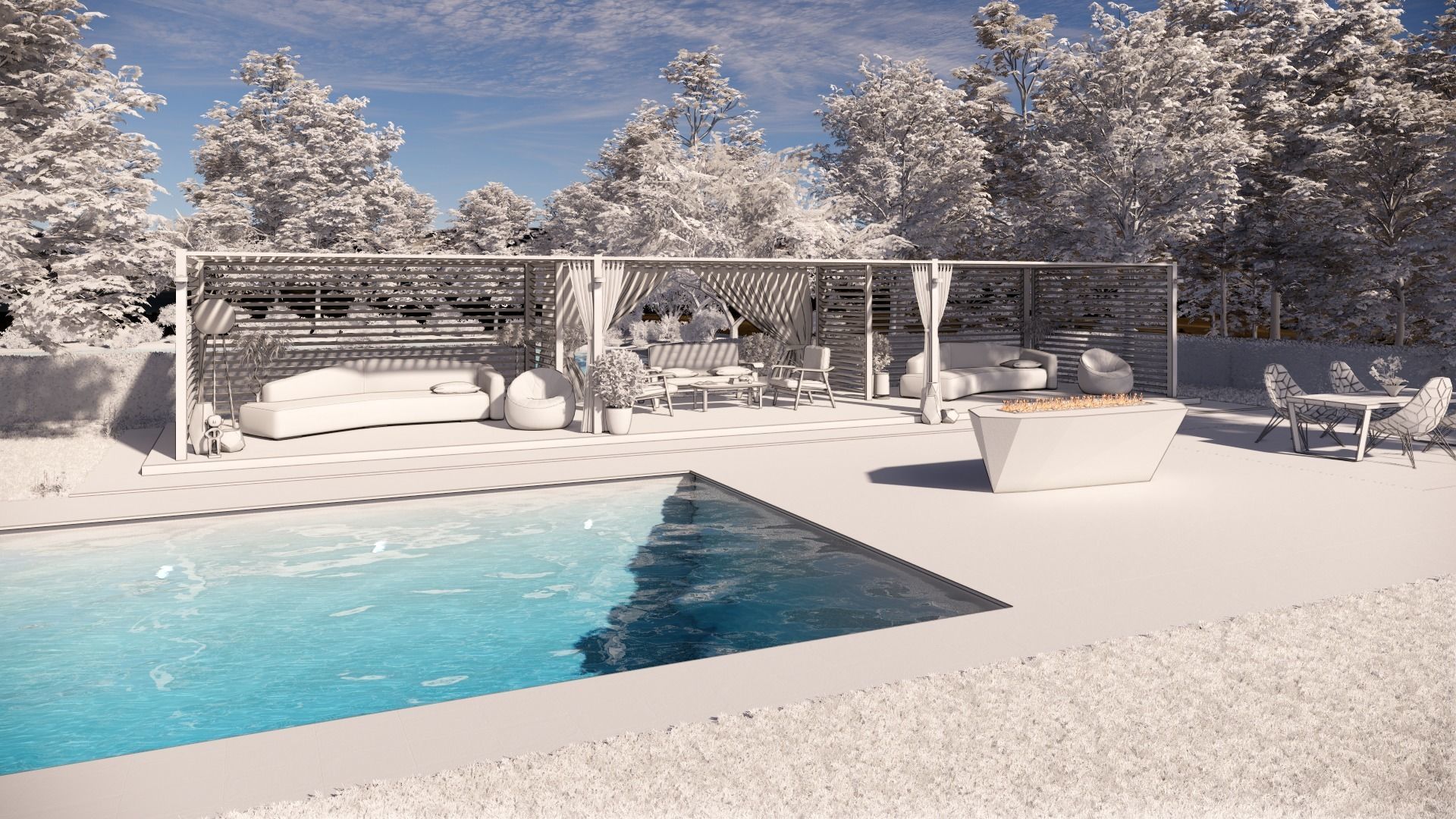 3D model Modern pool lounge with firepit 3d model VR / AR / low-poly ...