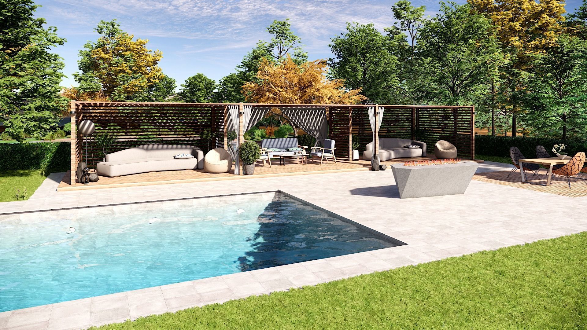 3D model Modern pool lounge with firepit 3d model VR / AR / low-poly ...