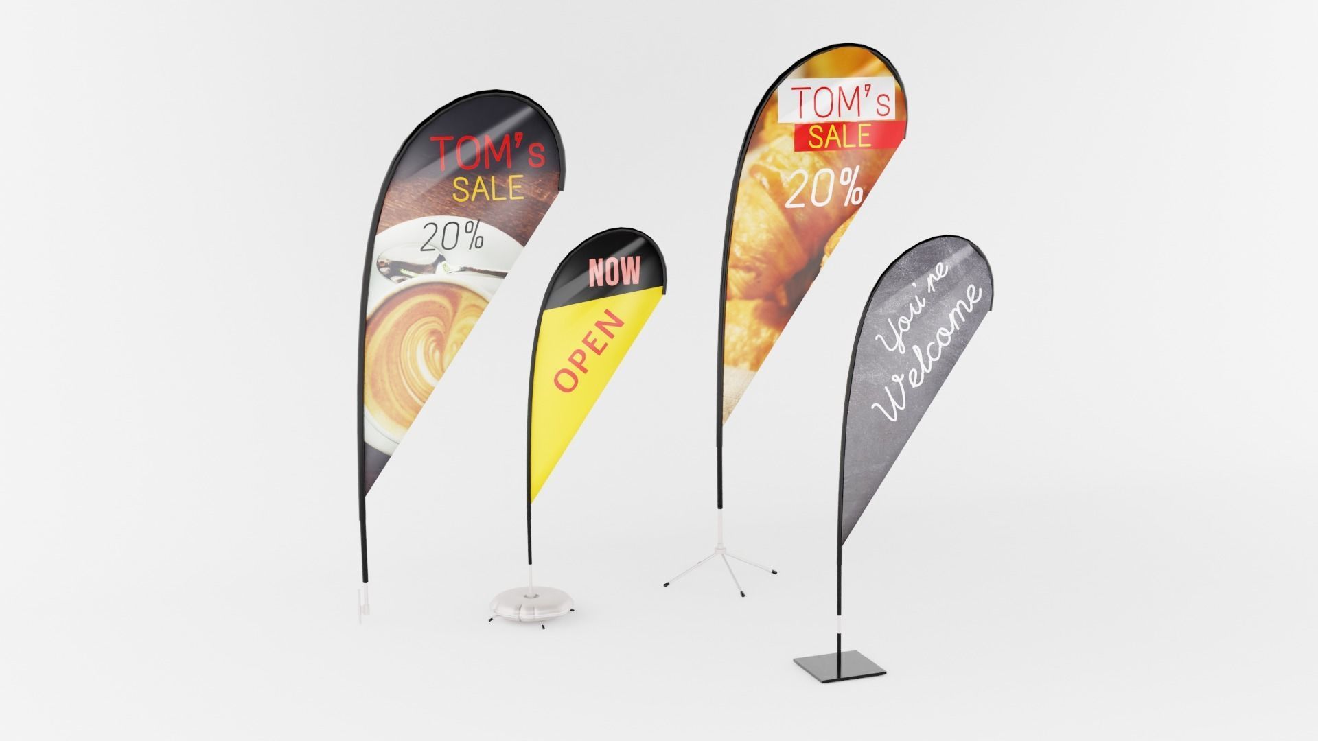4 Types of advertising Teardrop flags banners restaurant scene 3D model ...