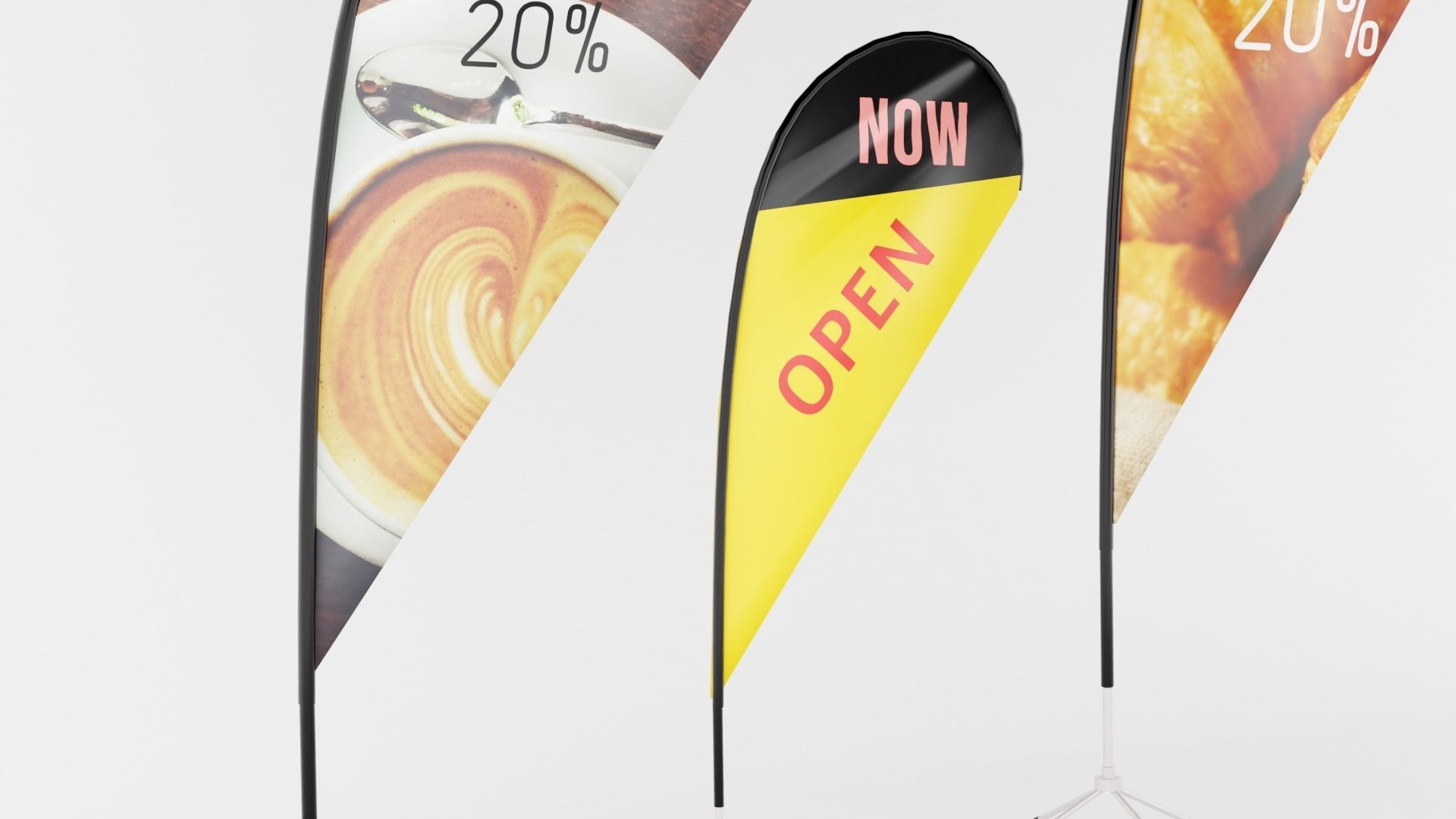 4 Types of advertising Teardrop flags banners restaurant scene 3D model ...
