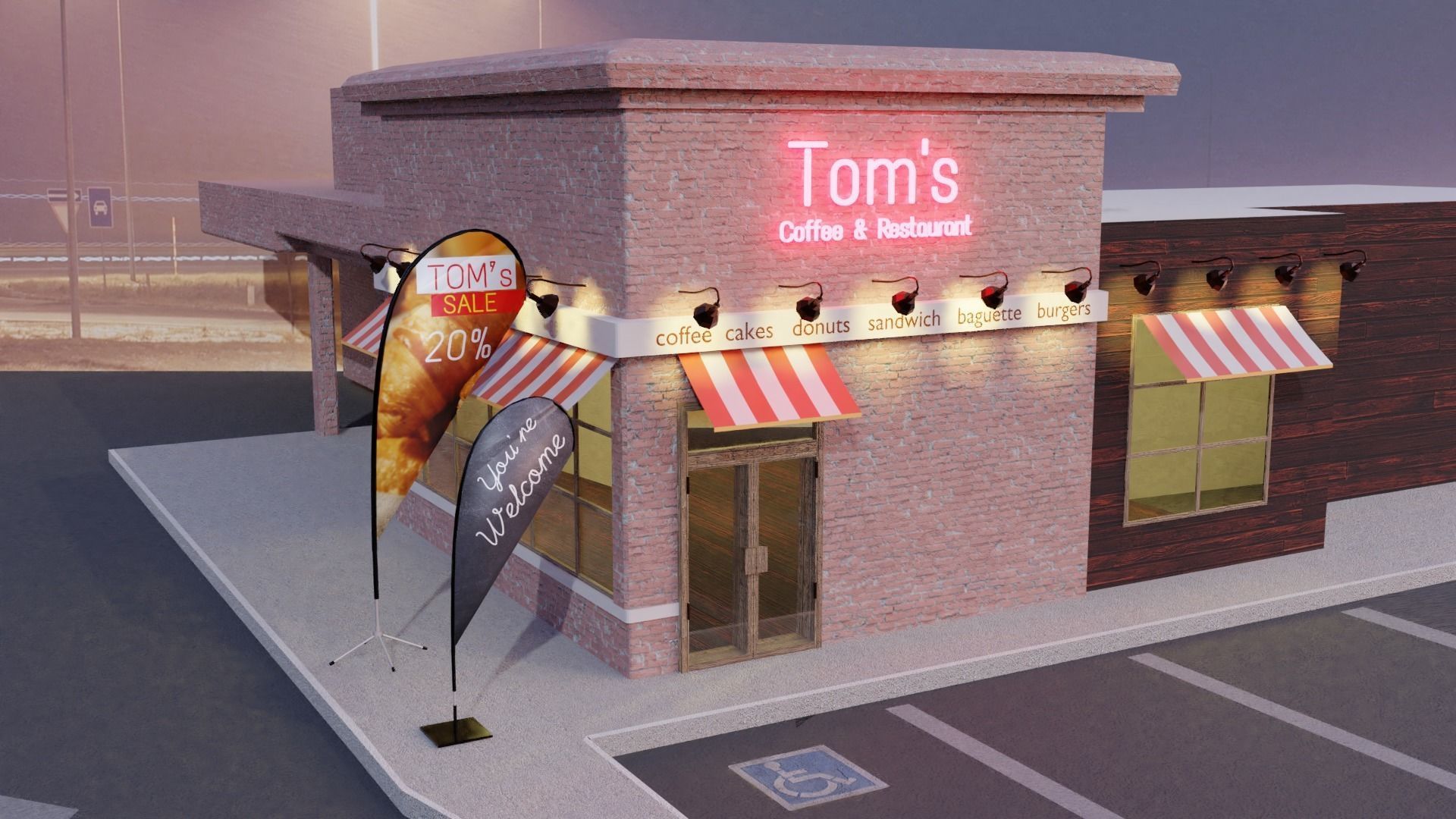 4 Types of advertising Teardrop flags banners restaurant scene 3D model ...