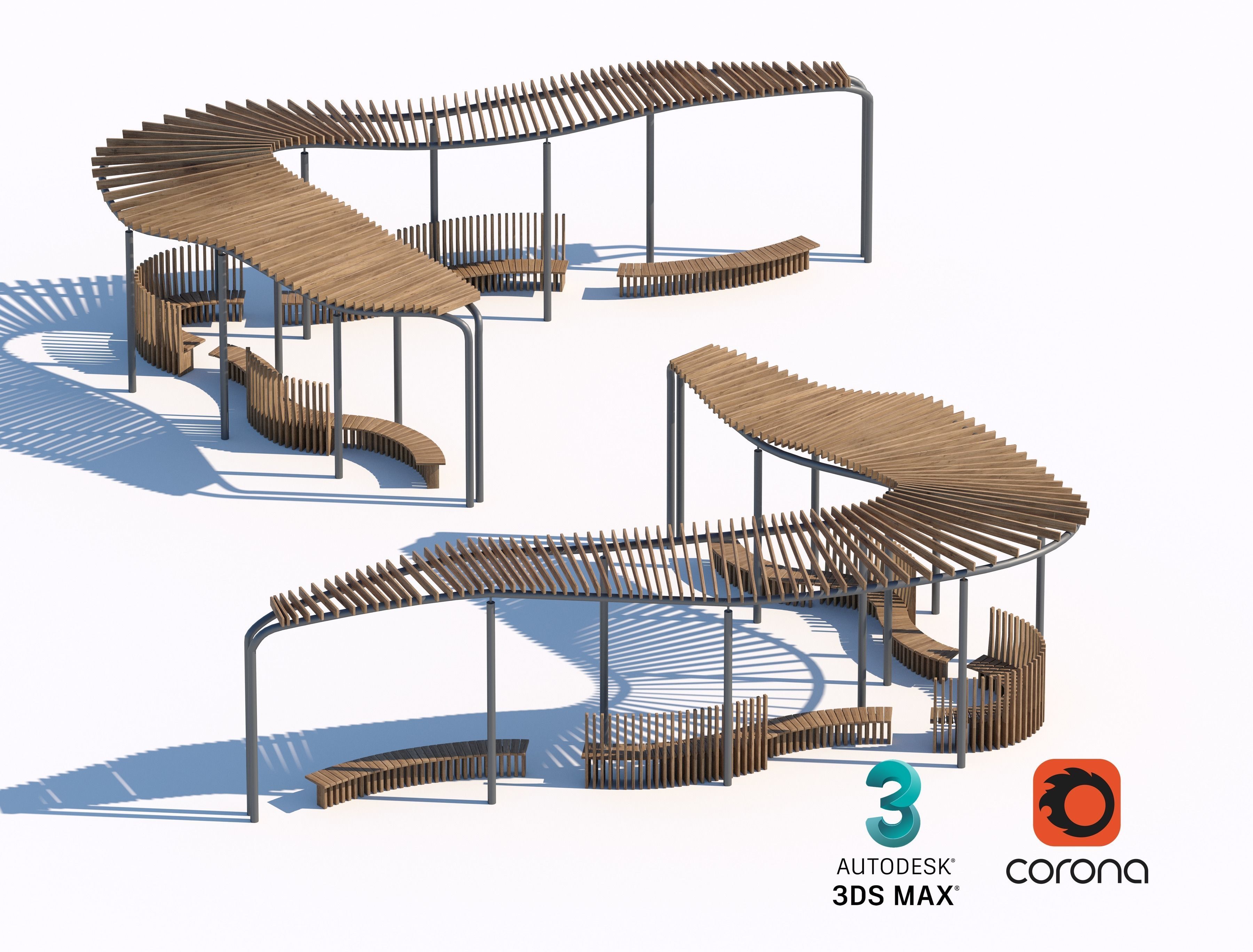 parametric wooden park bench and pergola 3D model | CGTrader