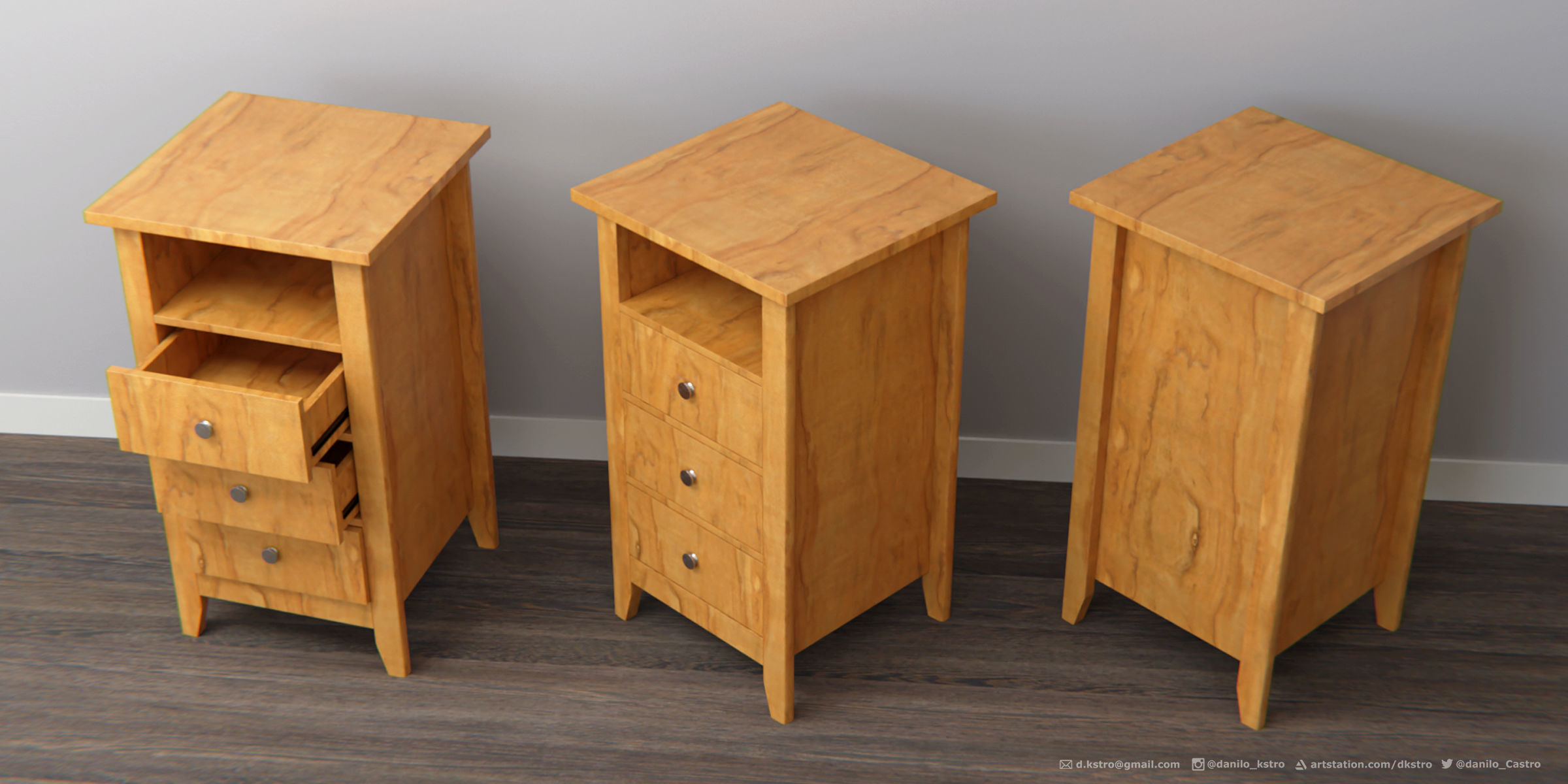 Bedside Table with 3 Drawers - 2k Textures 3D model | CGTrader