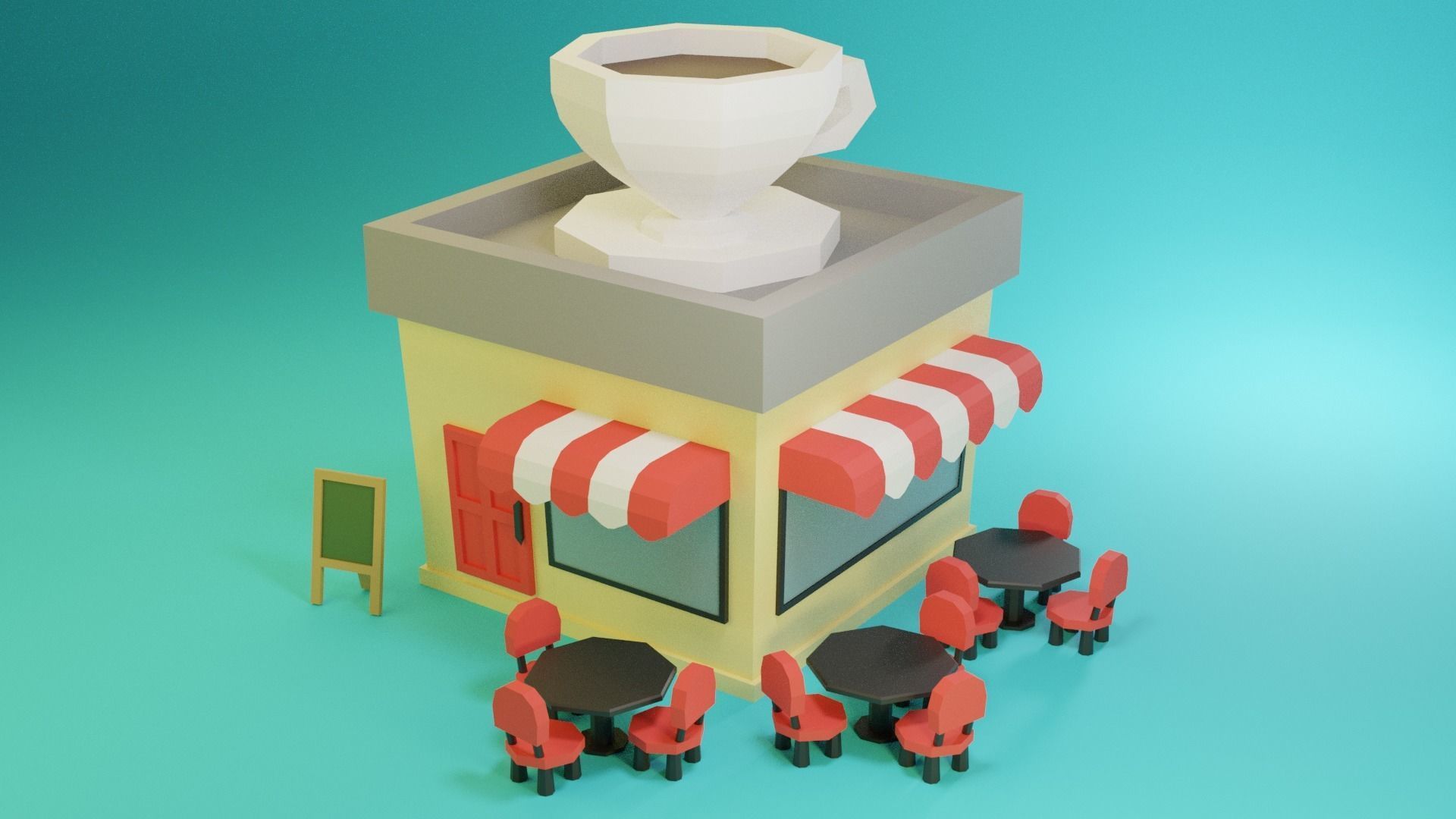 3D model Cafe LowPoly coffee shop with tables and chairs VR / AR / low ...