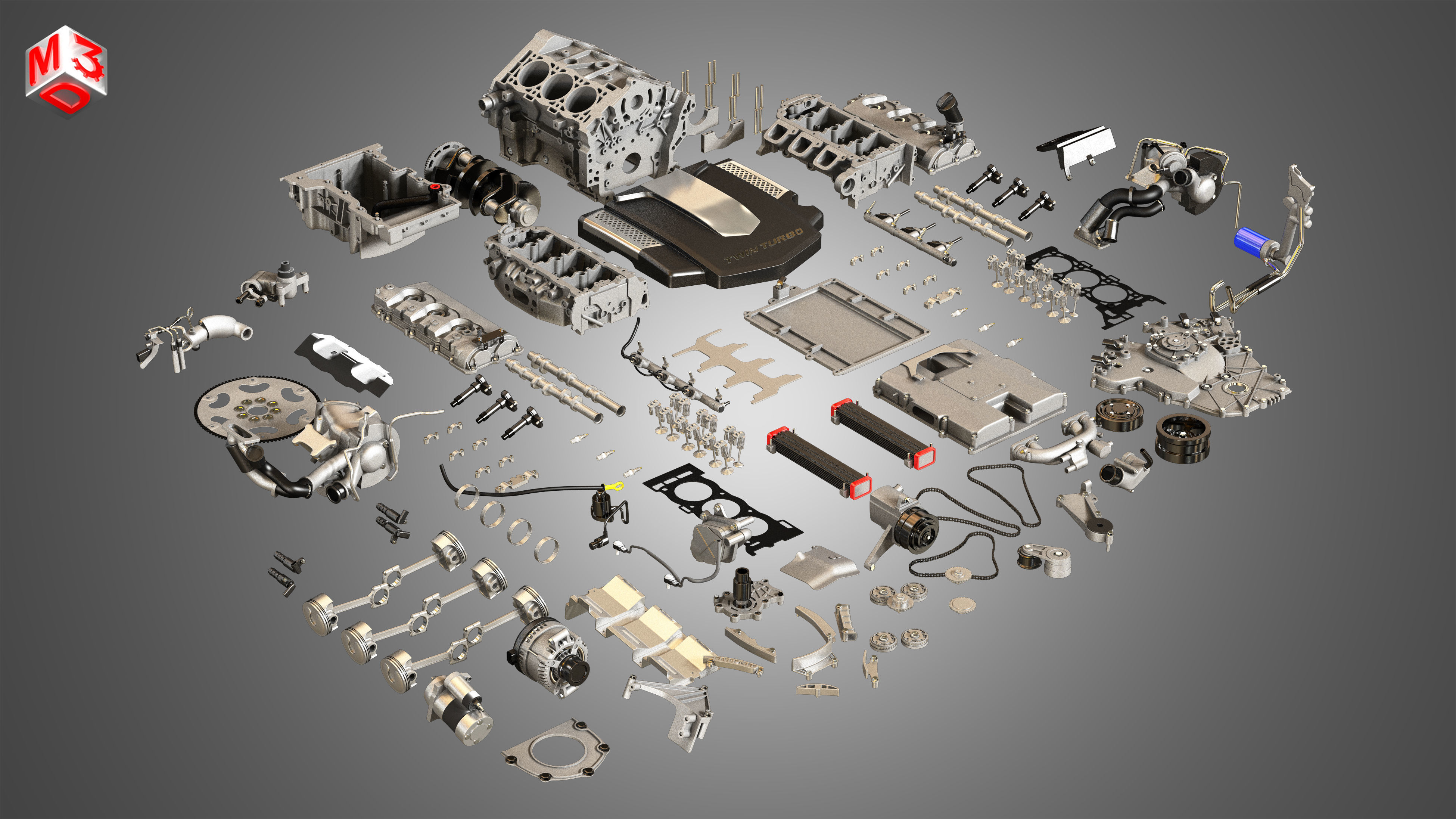 XTS Disassembled Engine - V6 Twin Turbo Engine 3D model | CGTrader