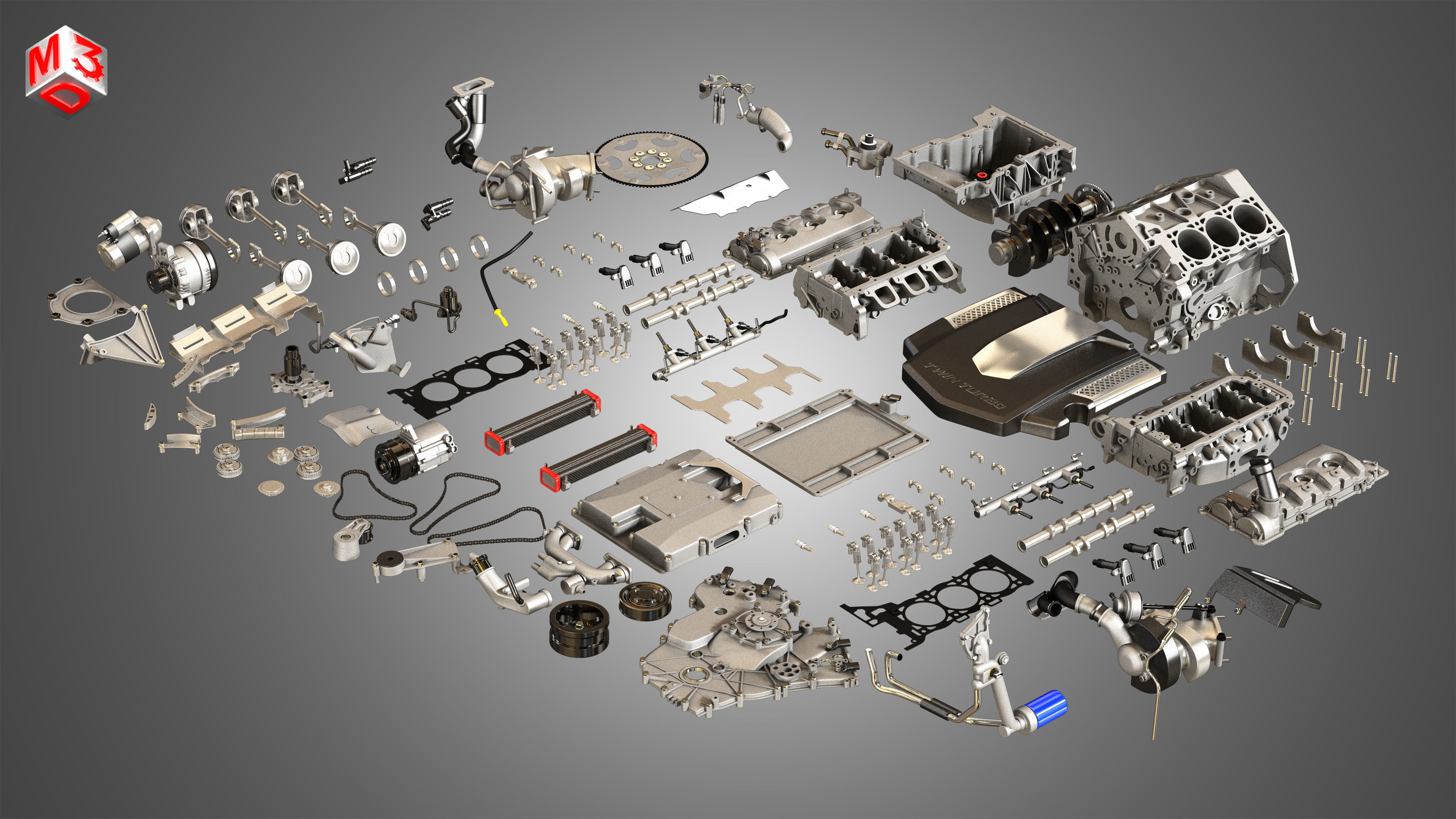 XTS Disassembled Engine - V6 Twin Turbo Engine 3D model | CGTrader