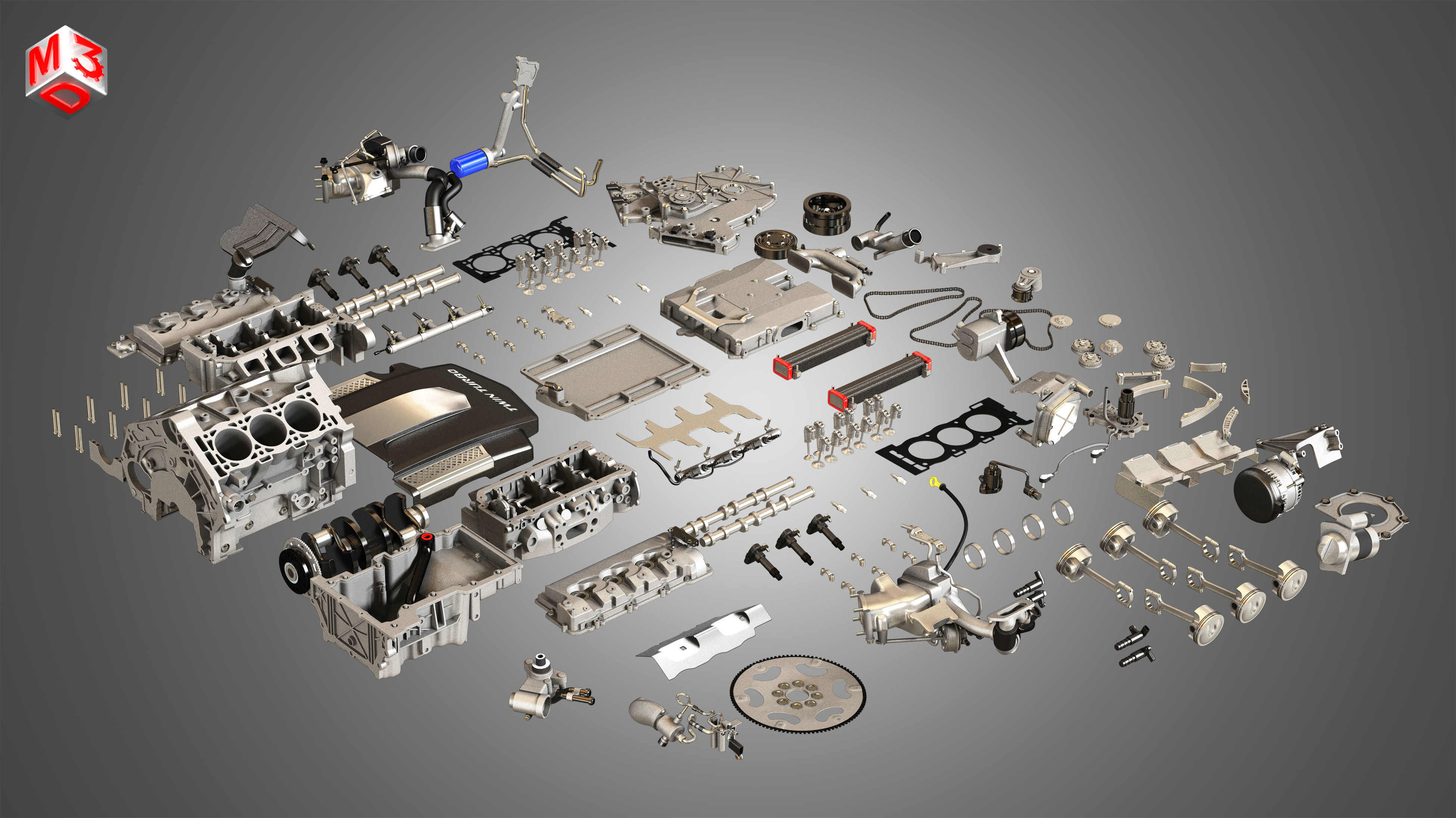 XTS Disassembled Engine - V6 Twin Turbo Engine 3D model | CGTrader