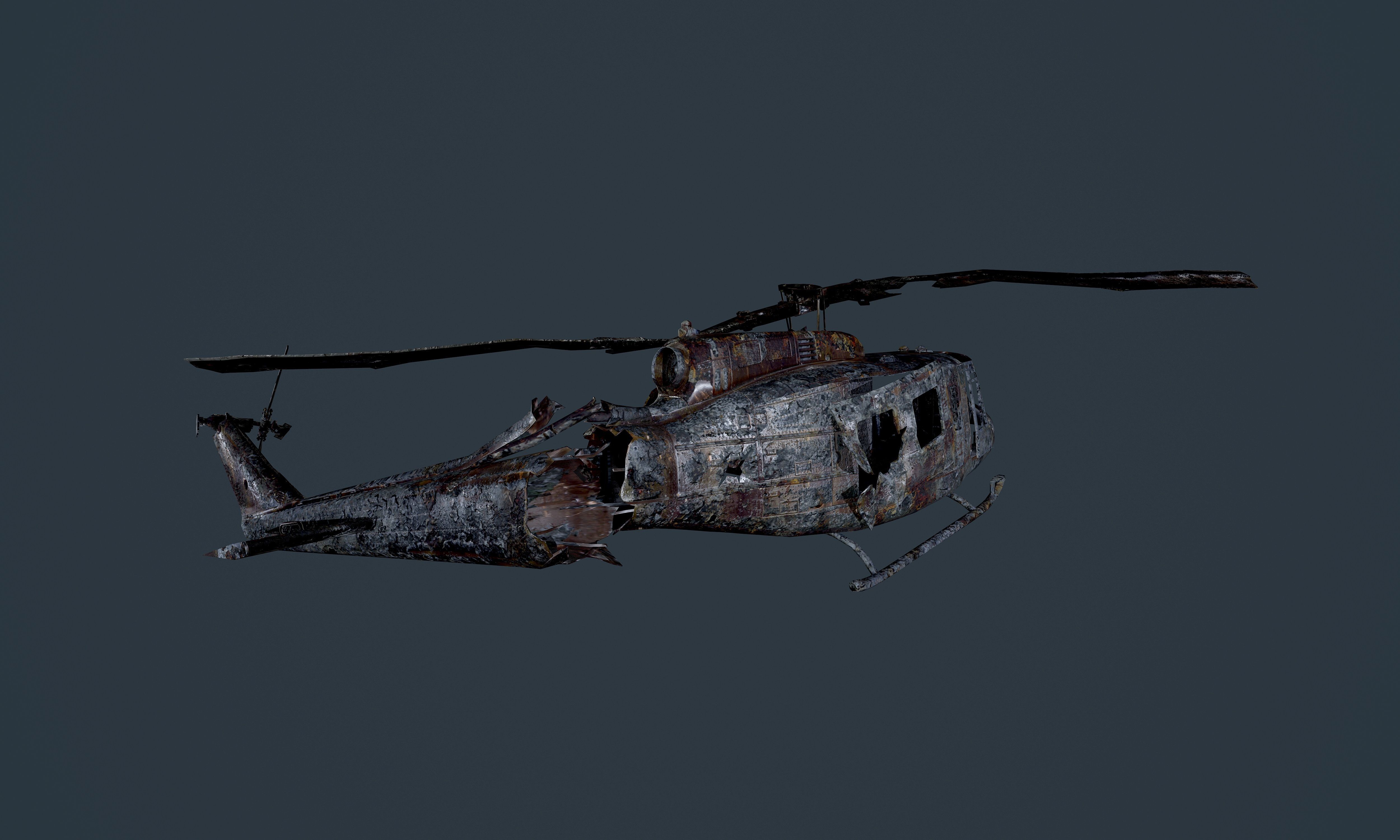 3D model Wrecked Damaged UH1H Military Helicopter Game Ready 04 VR / AR ...