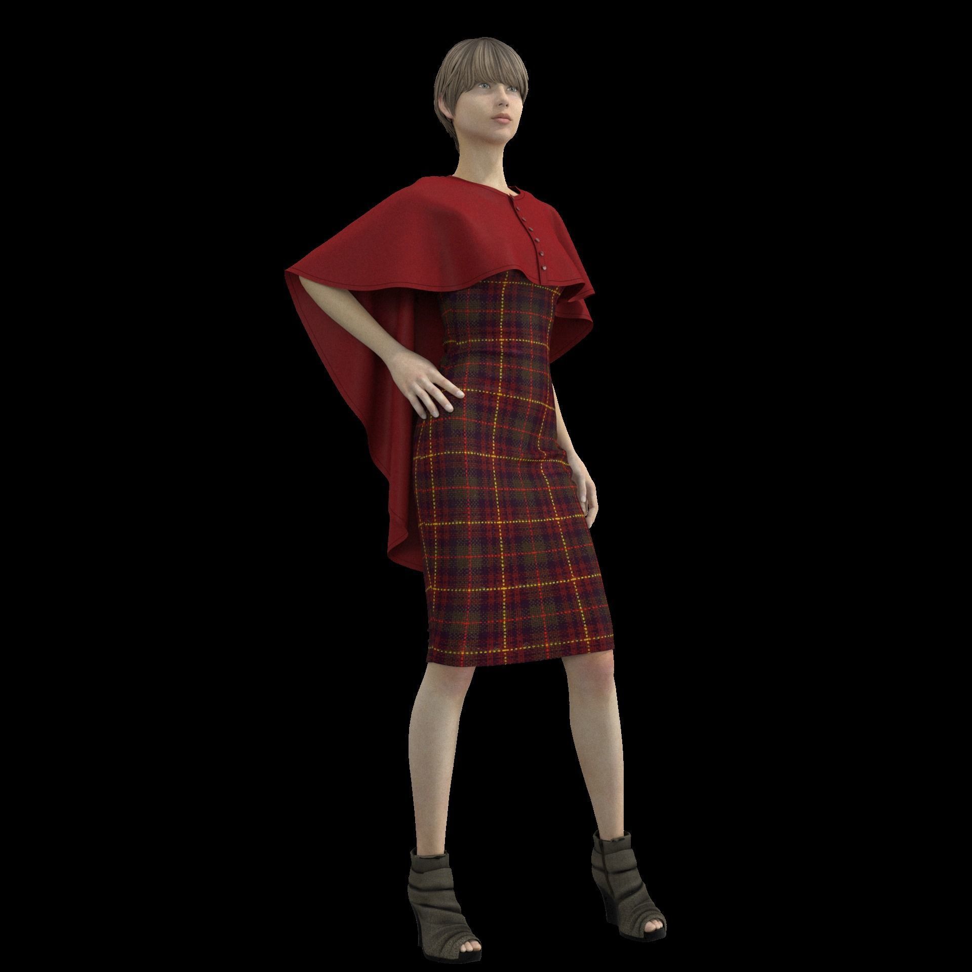 poncho woman in plaid dress 3D model | CGTrader