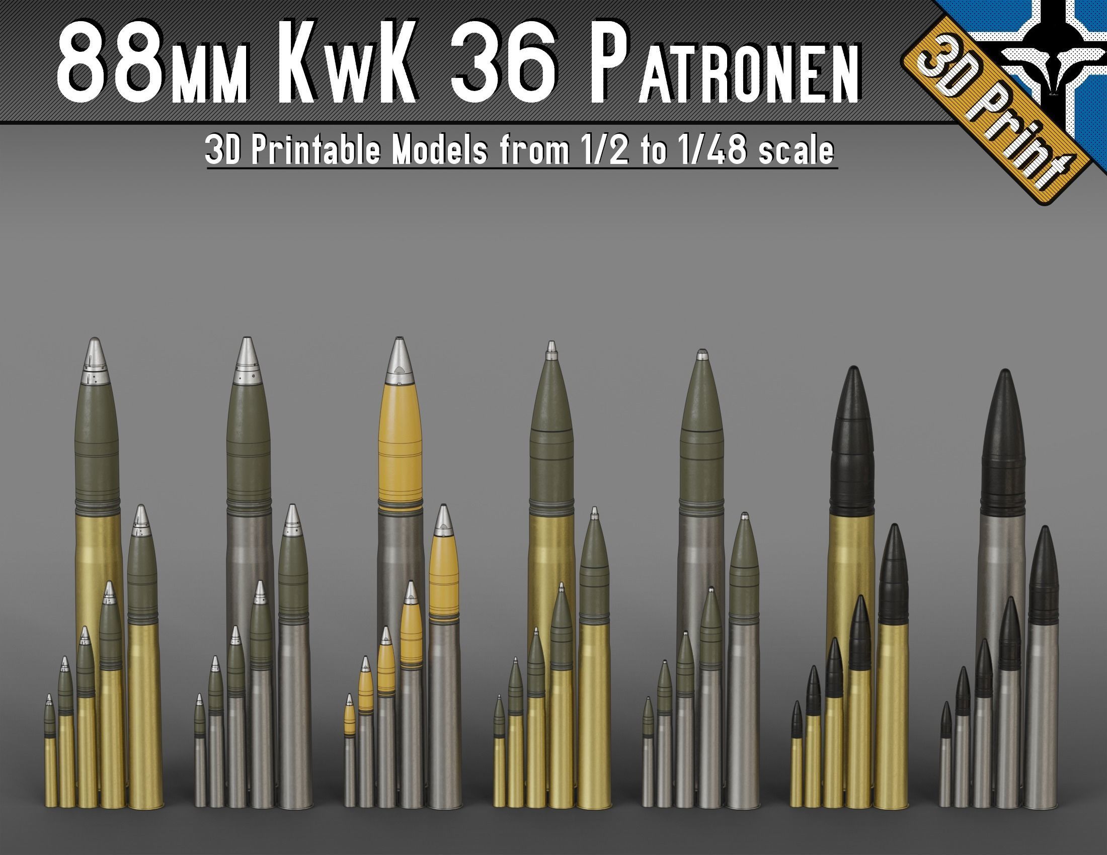 88mm KwK 36 Patronen --- 1-2 to 1-48 scale models --- 3D model 3D ...