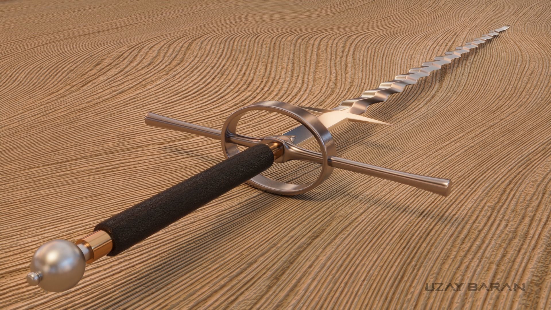Zweihander set sword on wooden table 3D model | CGTrader