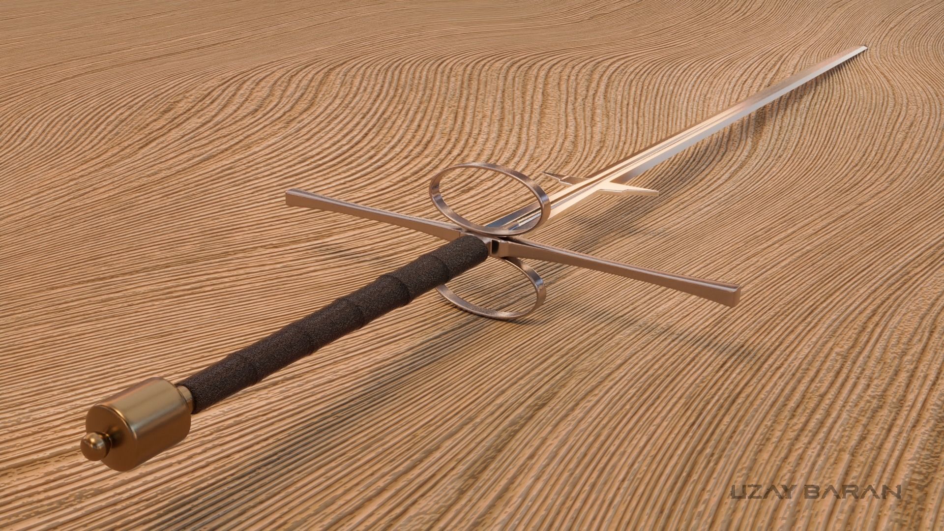Zweihander set sword on wooden table 3D model | CGTrader