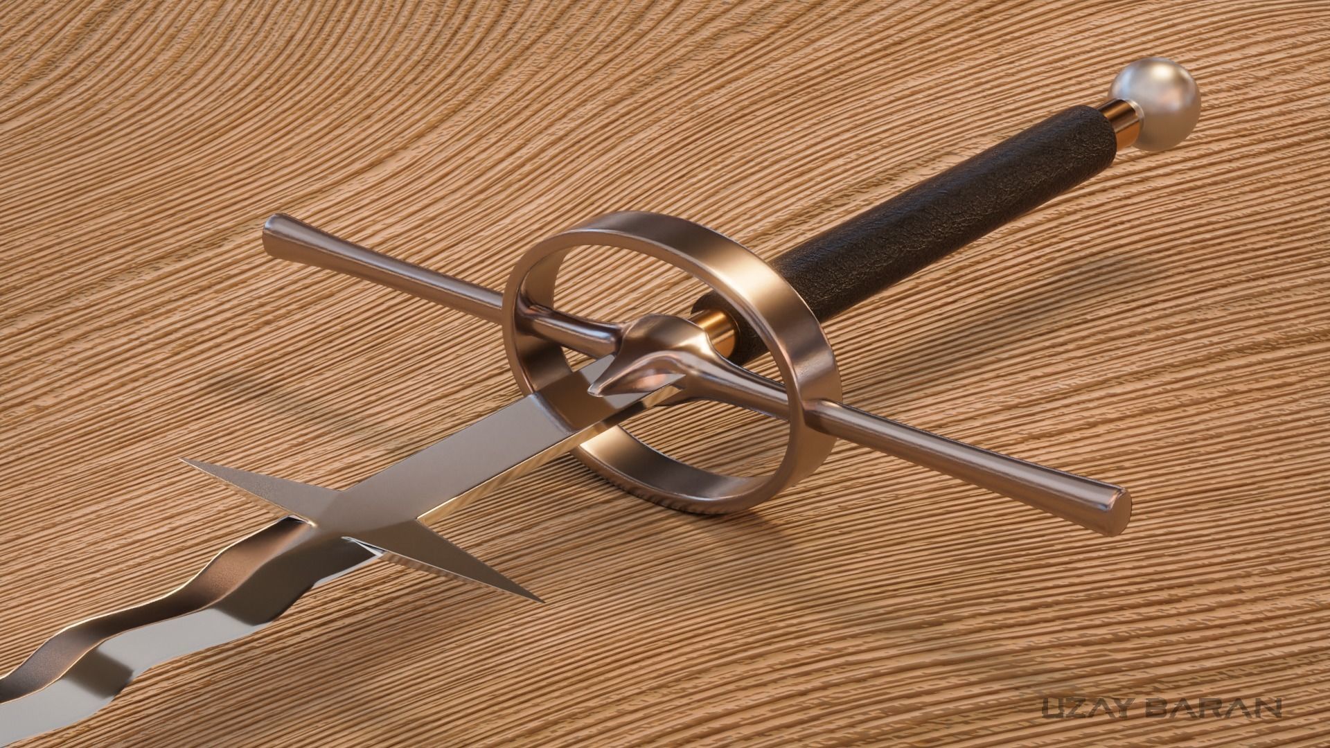 Zweihander set sword on wooden table 3D model | CGTrader
