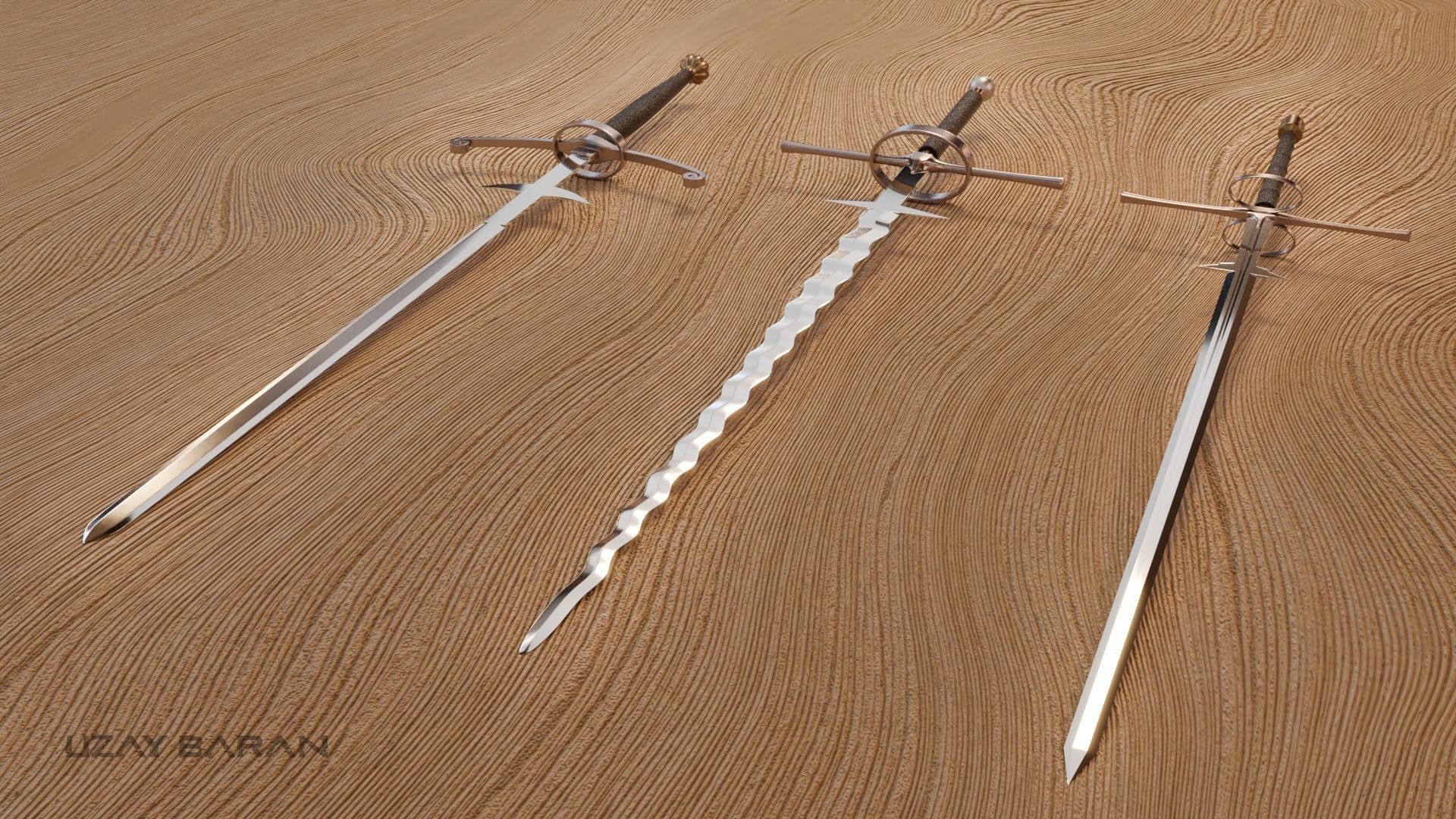 Zweihander set sword on wooden table 3D model | CGTrader
