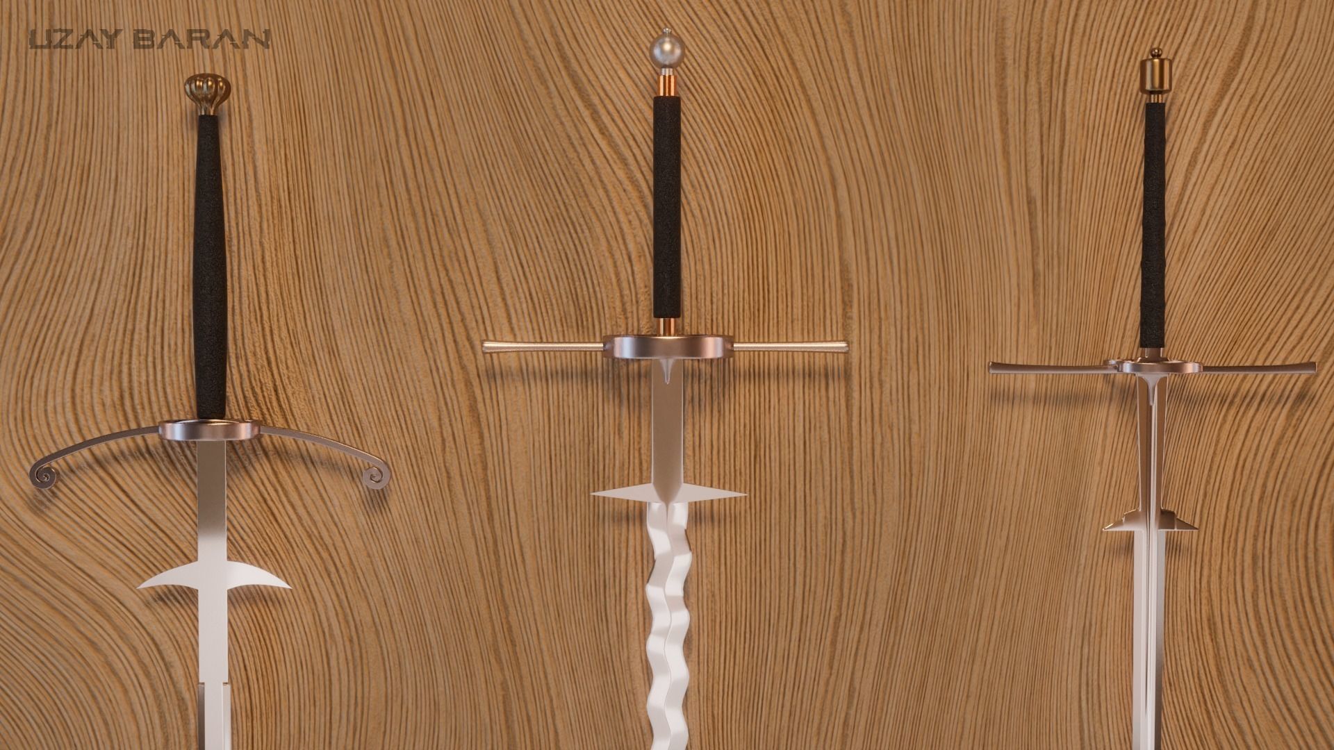 Zweihander set sword on wooden table 3D model | CGTrader