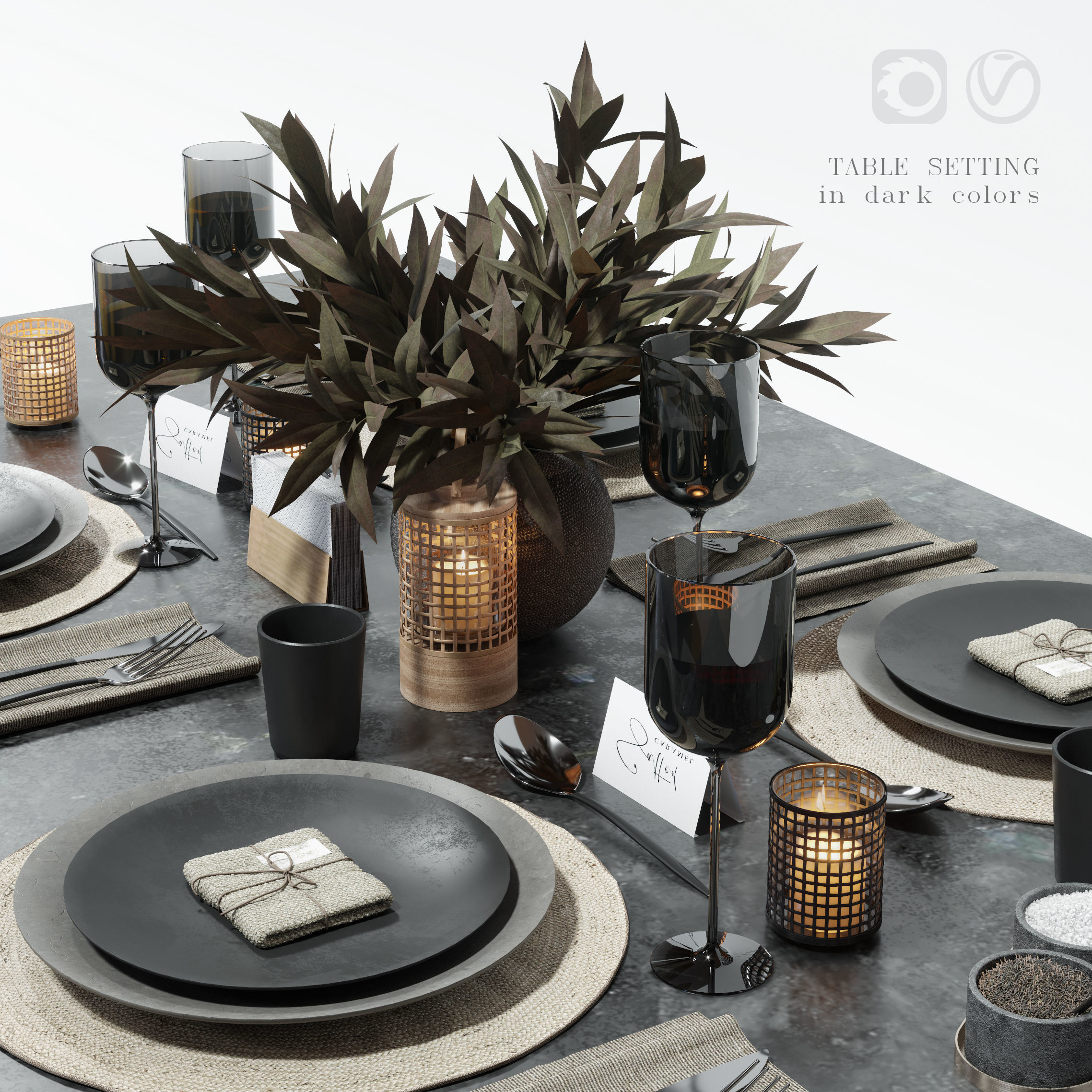 Table setting in dark colors 3D model | CGTrader