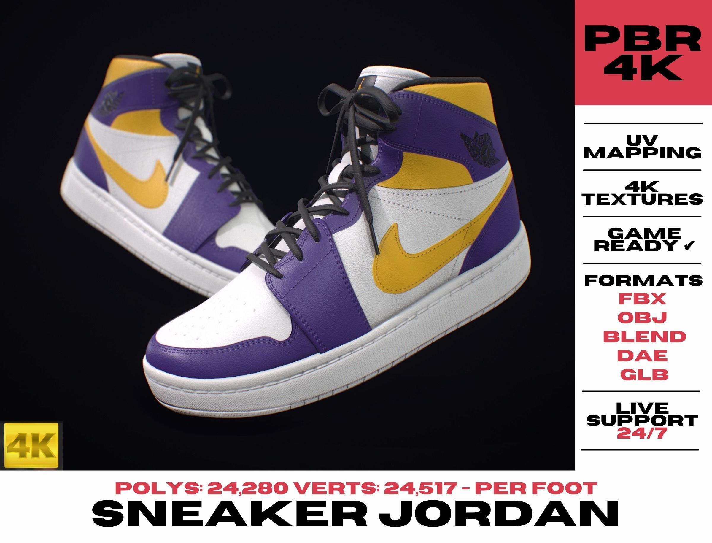 3D model Nike Air Jordan Lakers VR / AR / low-poly | CGTrader