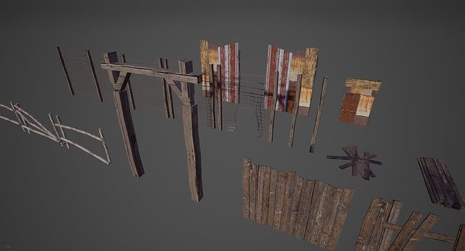 3D model Modular Fence Pack and Props Asset in one material VR / AR ...
