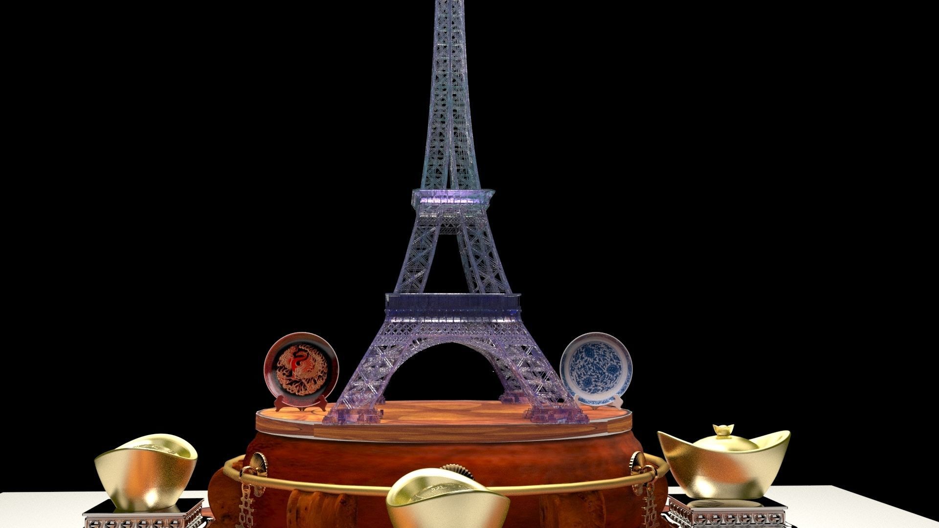 Chinese gold ingot with Eiffel tower 3D model | CGTrader